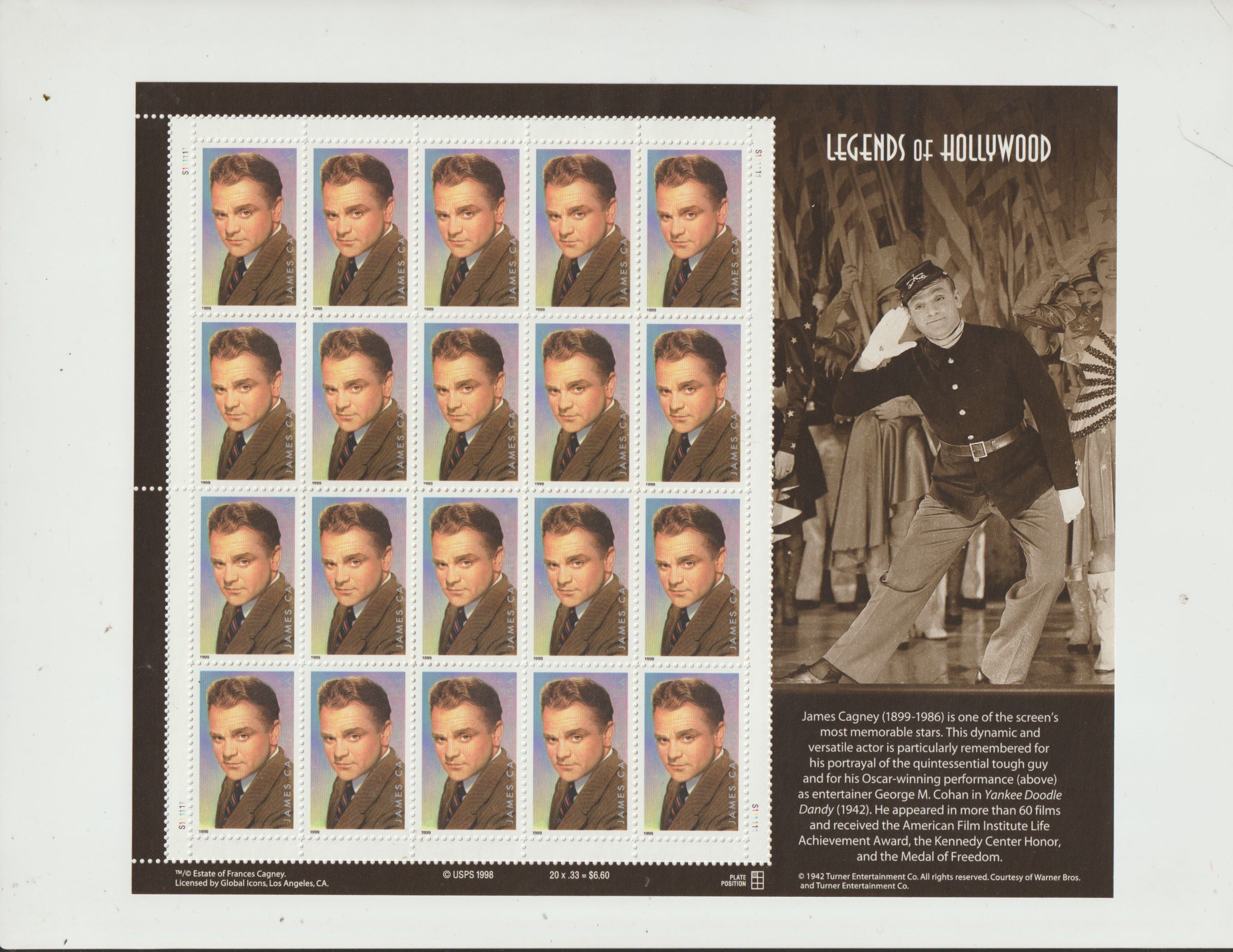 Actor James Cagney 1999 Sheet of 20 Stamps Scott # 3329 VF MNH | United ...