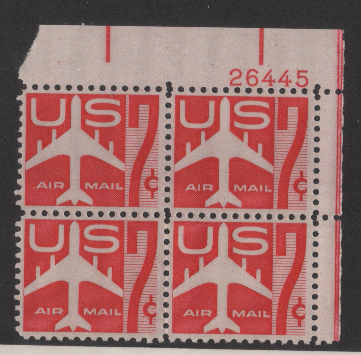 C60 7c Red Jet 26445 UR Plate Block | United States, Air Mail Stamp ...