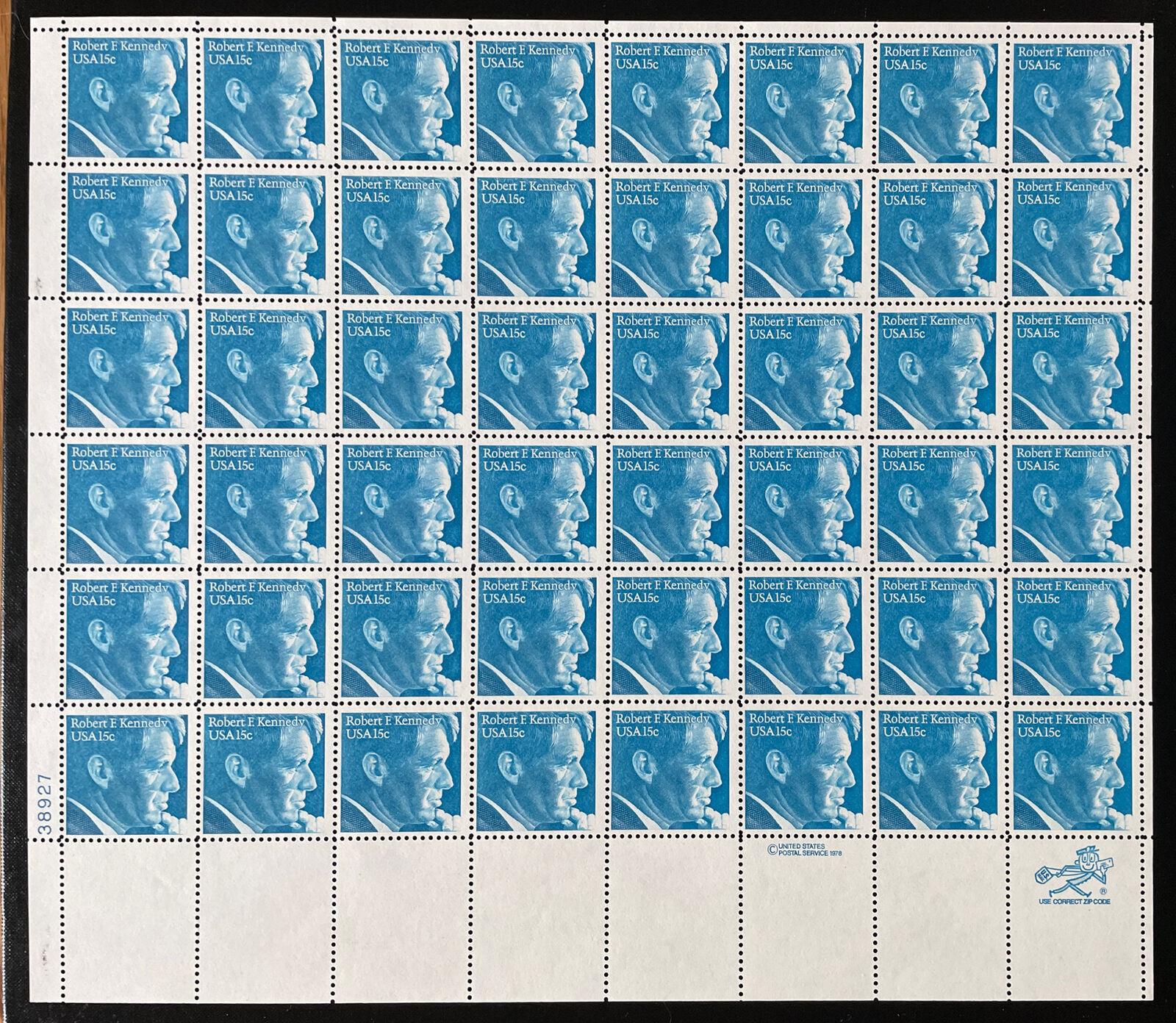 Scott 1770 ROBERT F. KENNEDY Sheet of 4O US 15¢ Stamps 1978 Gum Flaw ...
