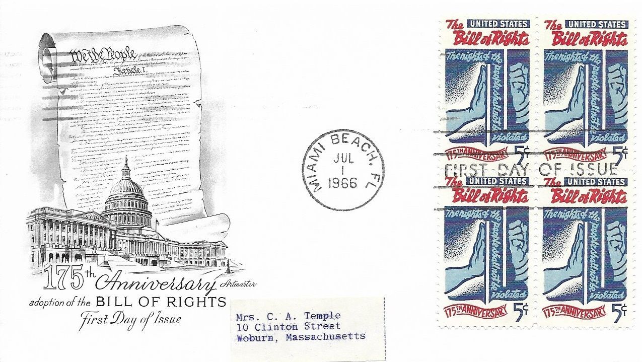 1966 FDC, #1312, 5c Bill of Rights, Artmaster, block of 4 | United ...