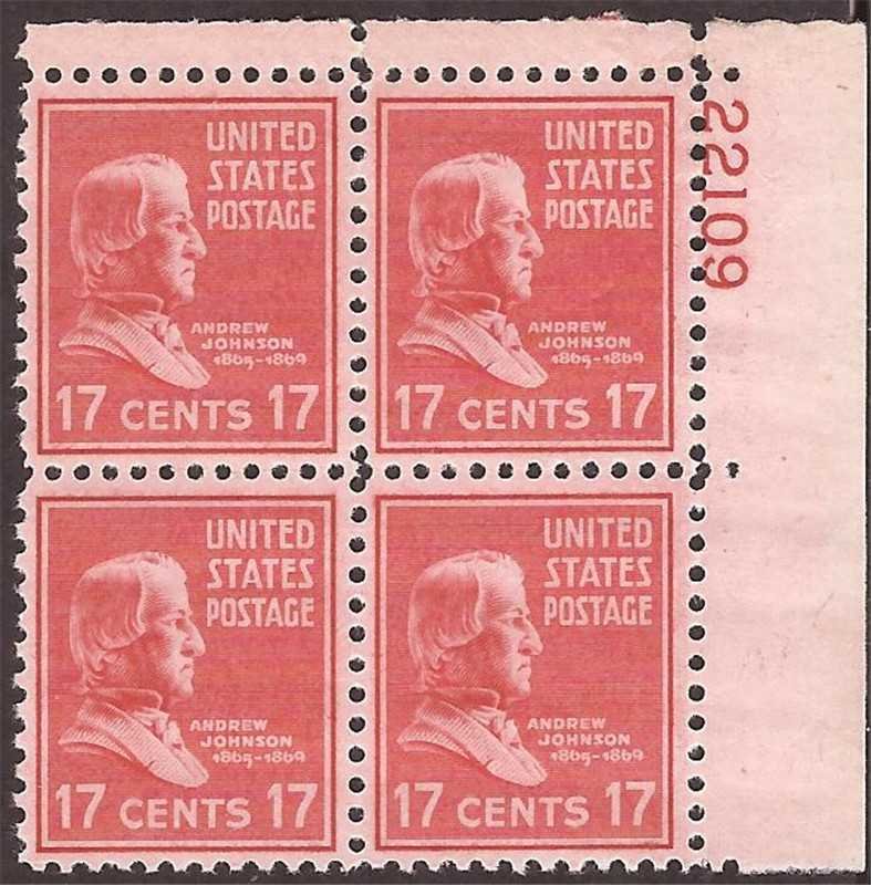 US Stamp - 1938 17c Andrew Johnson - 4 Stamp Plate Block MNH - Scott ...