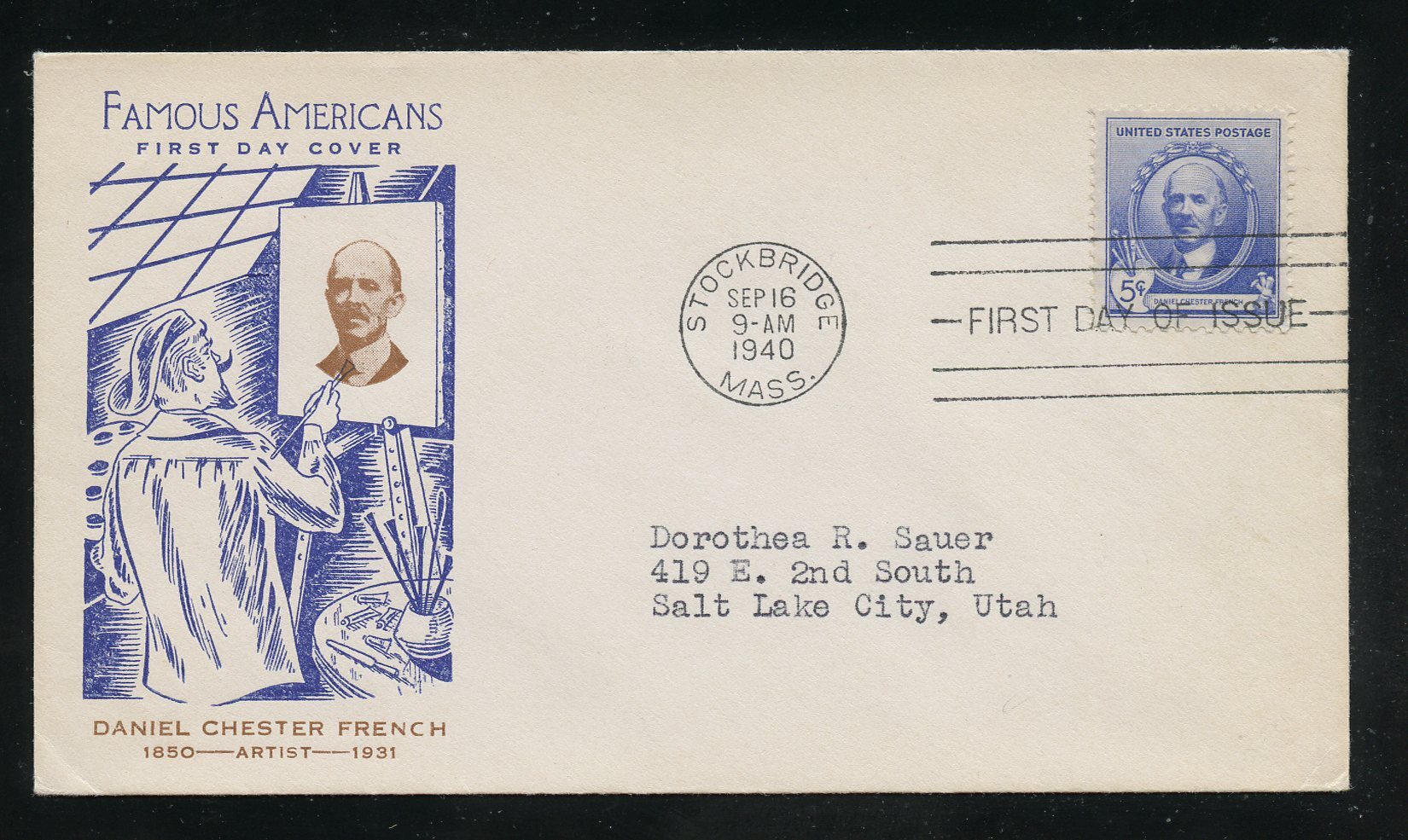 US 887 M=4 Daniel French Famous American Fidelity cachet FDC ADDR ...