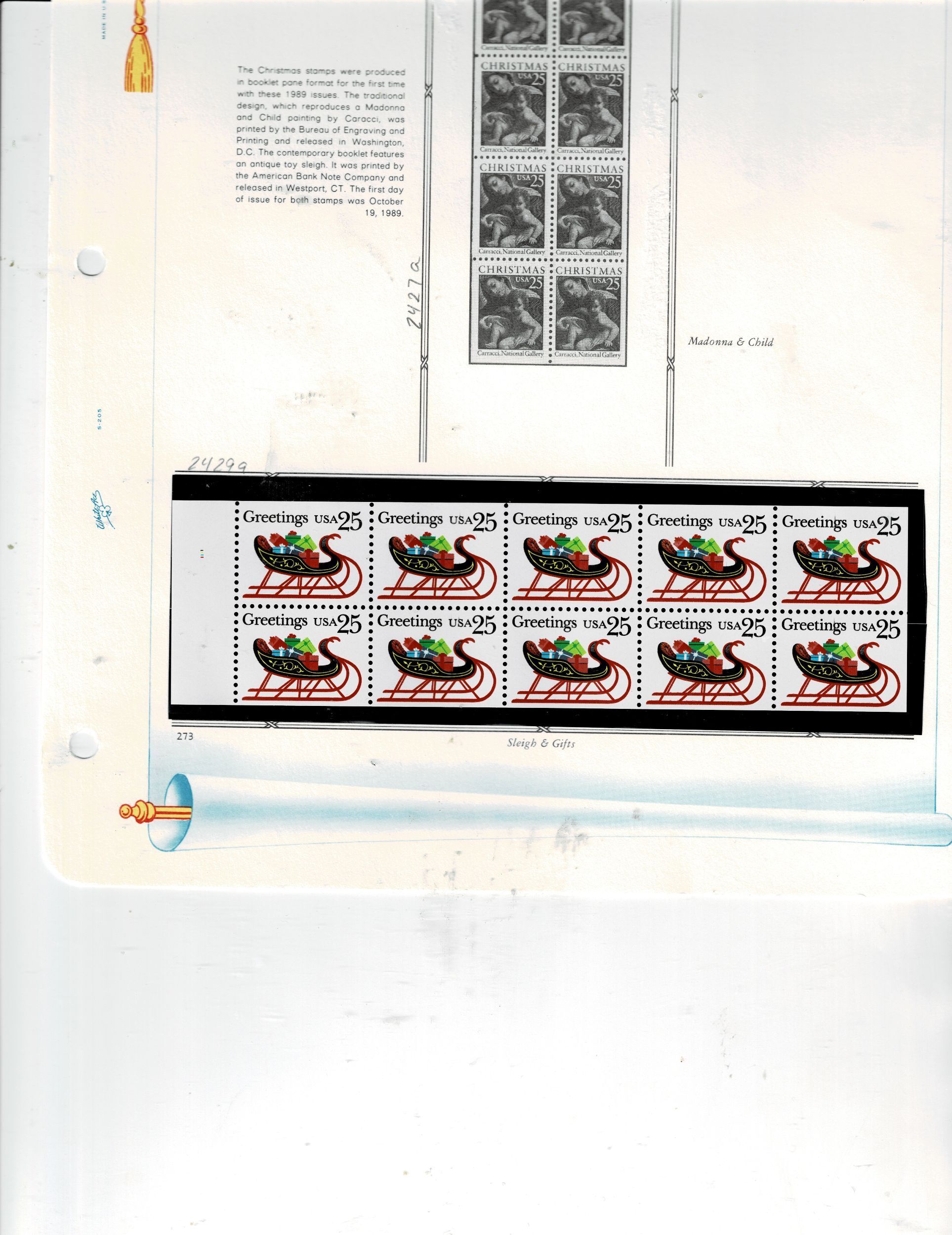 Christmas Sleigh 25c US Postage Booklet pane of 10 stamps #2429a VF MNH ...