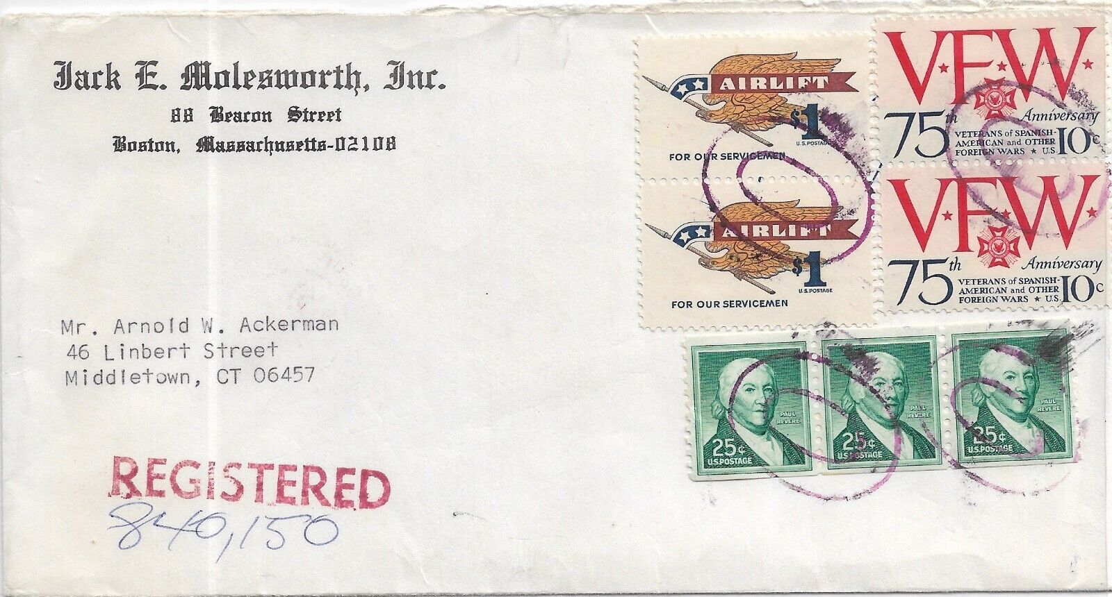 1974 Boston, Ma to Middletown, Ct Registered (Sc #1341, $1 Airlift ...