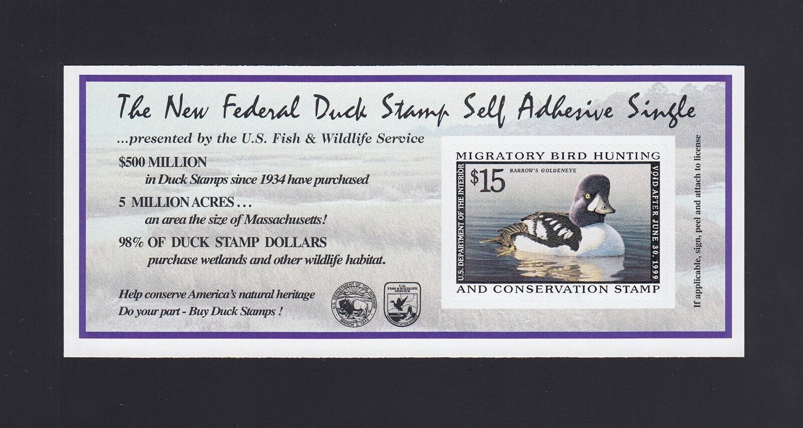 Federal Duck Stamp: #Rw65A 1998 $15.00 - Self Adhesive, Mint Never ...