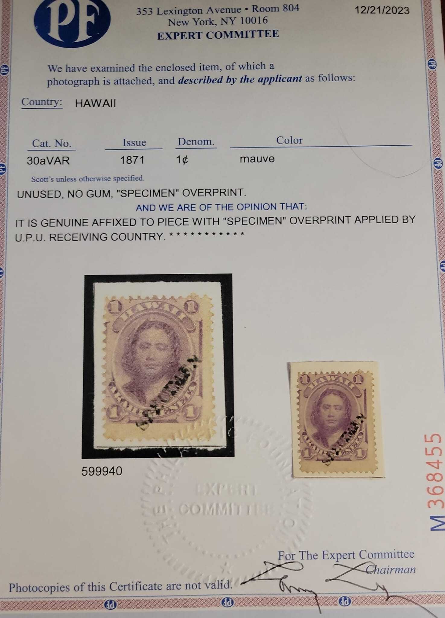 O) 1871 Hawaii, Specimen Overprint, Princess Victoria Kamamalu 1c ...