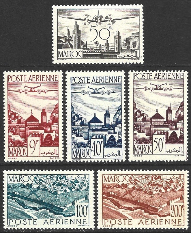 French Morocco 1945, 1947-48 Airmail Plane over view Sets #C33, C34-C38 ...