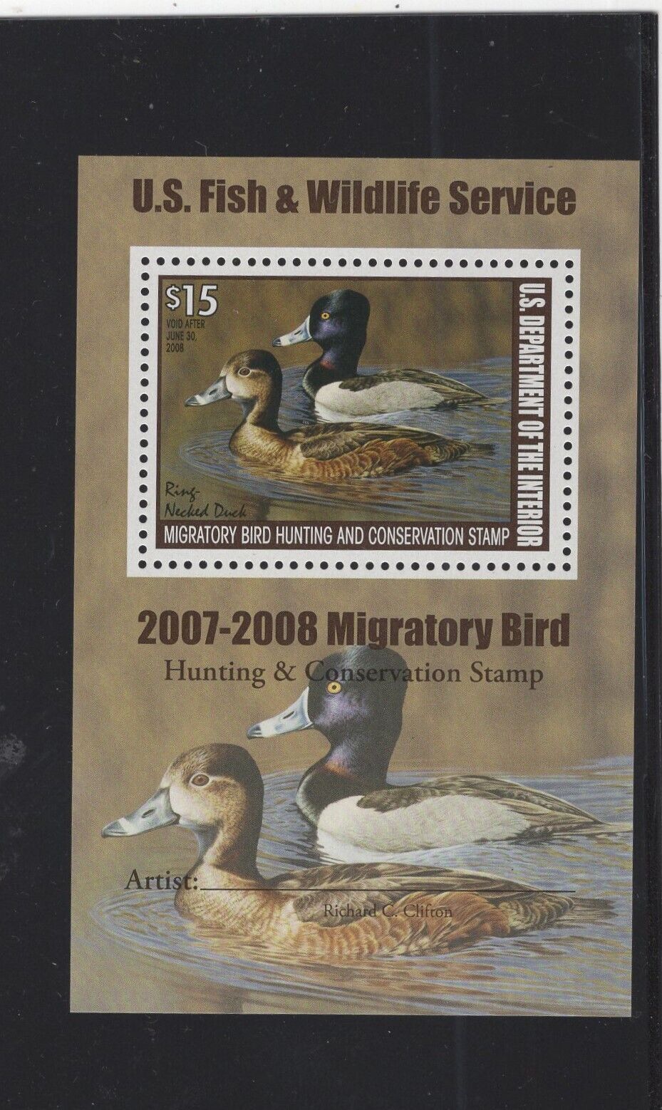 RW74C Federal Duck Stamp 2007 MNH. Error Souvenir Sheet. APEX Cert. #02 ...