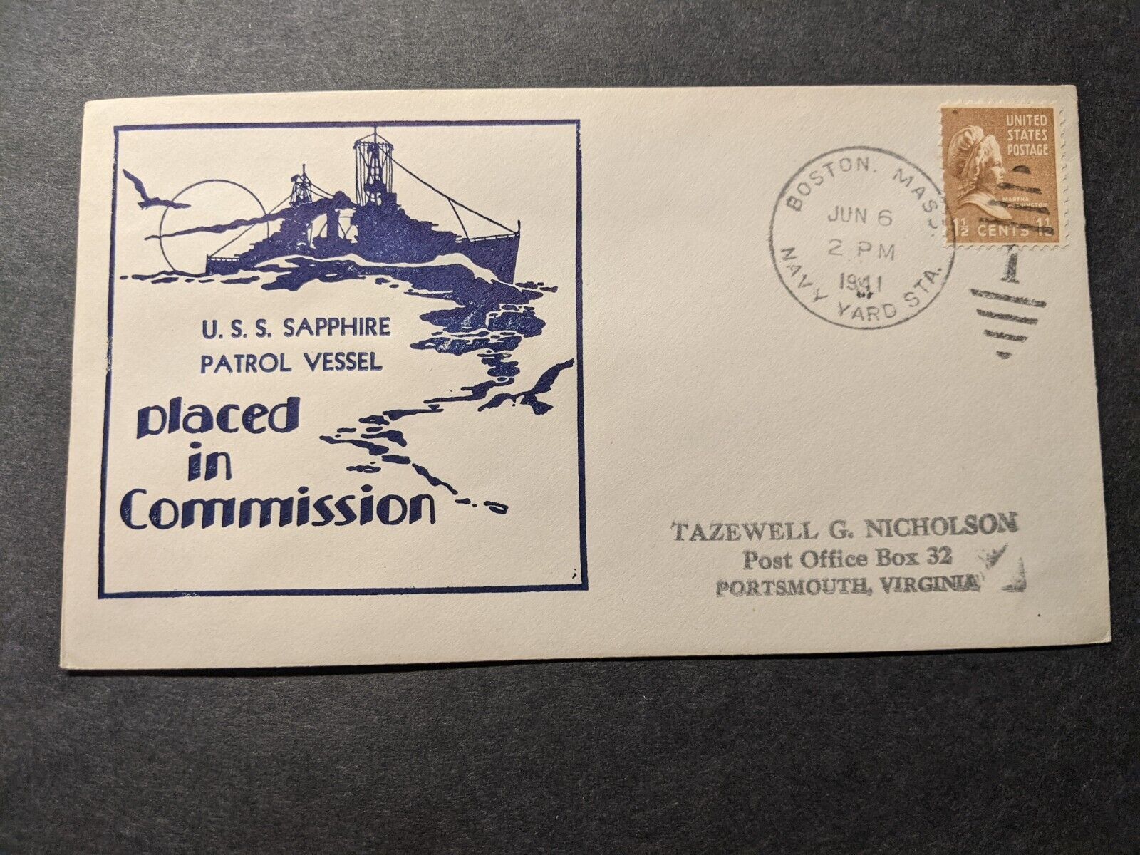 USS SAPPHIRE PYc-2 Naval Cover 1941 COMMISSIONED Cachet | United States ...