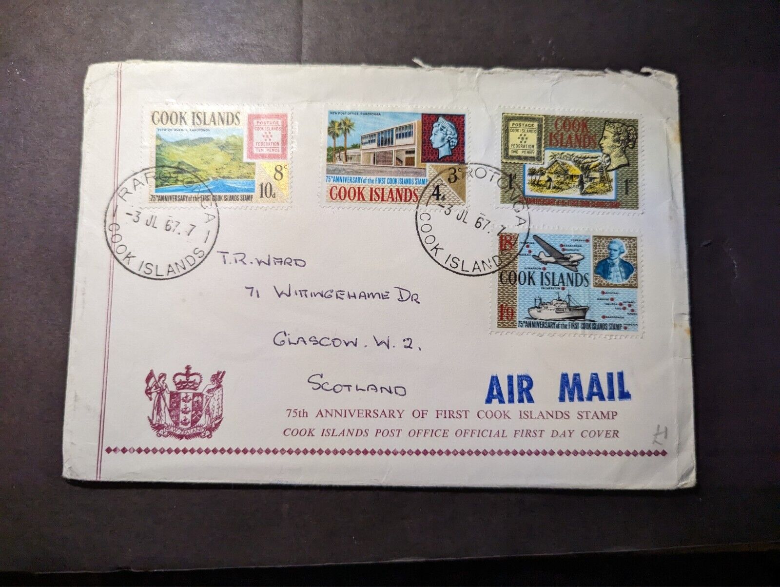 1967 Cook Islands Airmail Cover Rarotonga to Glasgow W2 Scotland ...