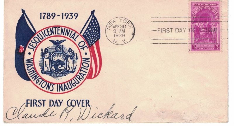 1939 FDC, #854, 3c Inauguration of Washington, Plimpton - signed ...