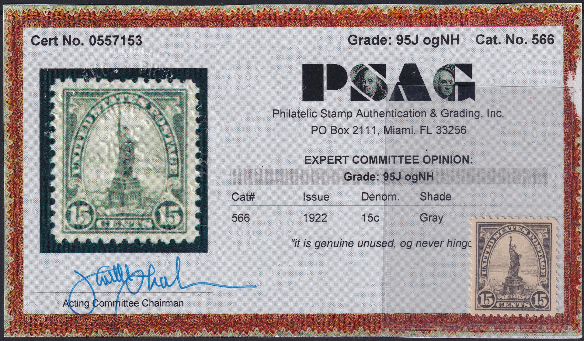 #566 Mint NH, XF, PSAG cert #0557153 (SMQ 95J - $375) (CV $35 - ID51327 ...