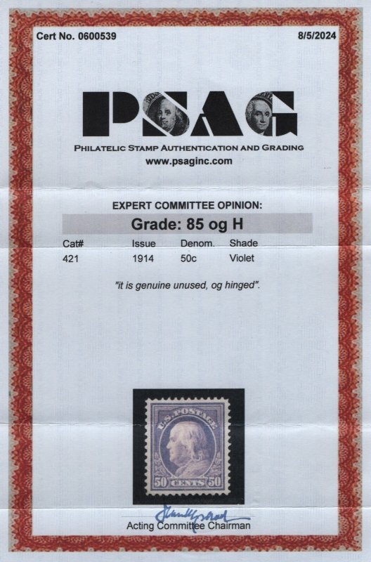 421 XF w/PSAG cert grade 85 OG lightly hinged with nice color ! see pic ...