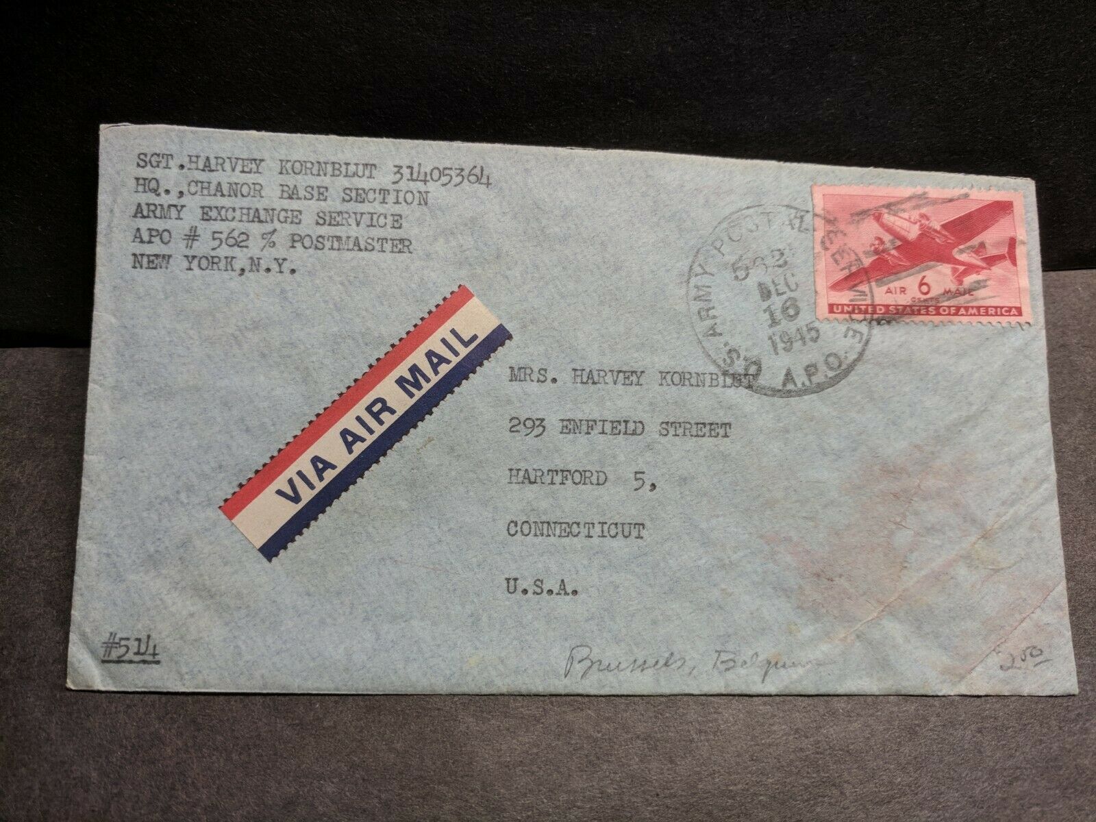 APO 562 BRUSSELS, BELGIUM 1945 WWII Army Cover CHANOR BASE Section ...