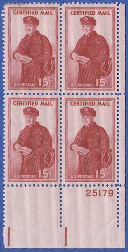 US 1955 Sc FA1 Mint NH Certifed Mail, 15c LR Plate Block, #25179 VF ...
