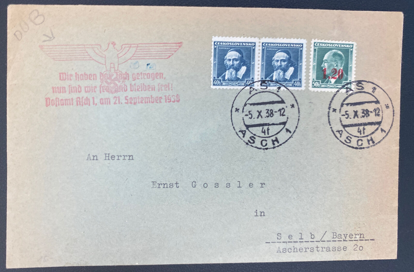 1938 Asch Sudetenland Annexation Germany Cover To Selb Provisional ...