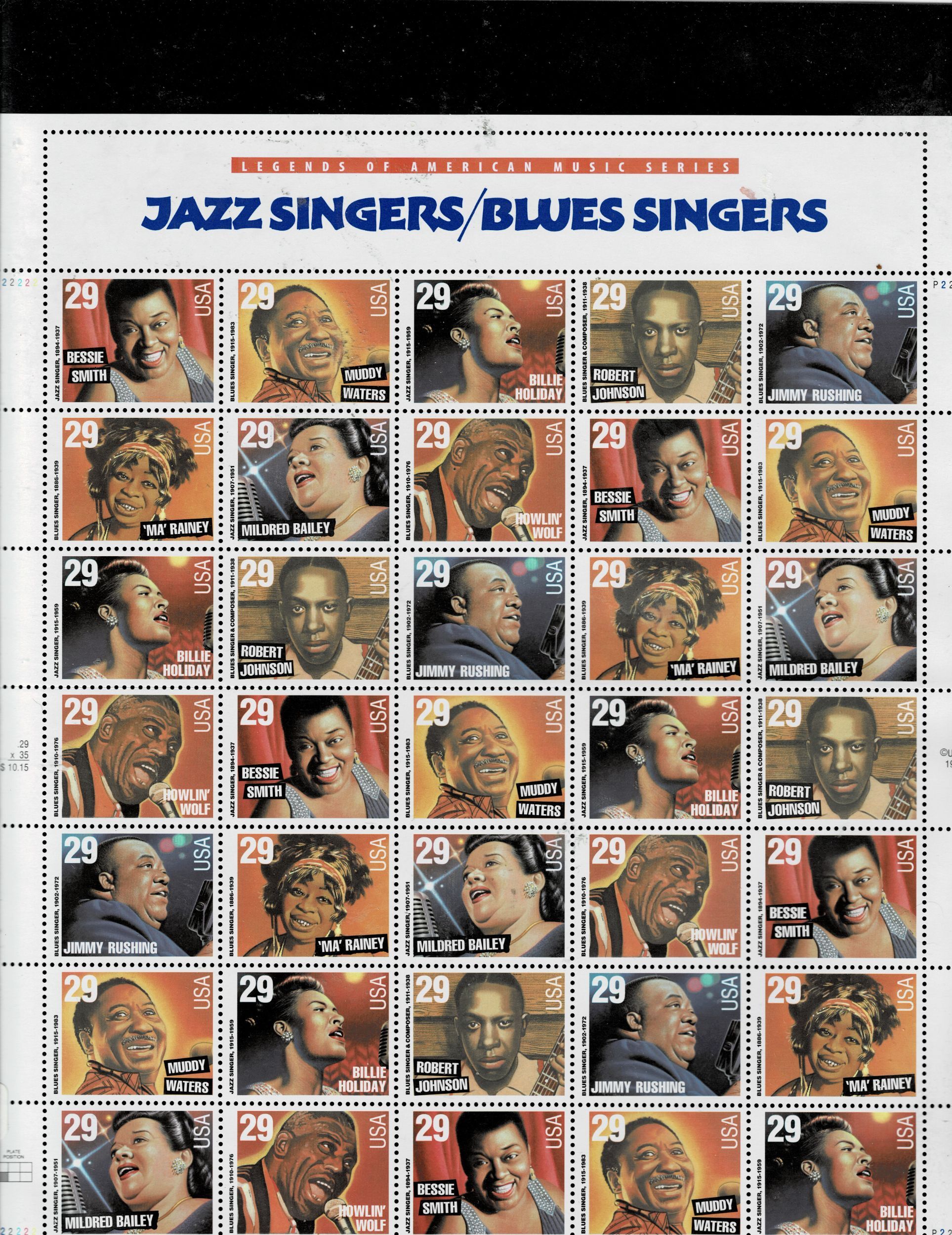 Jazz Singers/Blues Singers 29c US Postage Sheet #2857 VF MNH | United ...