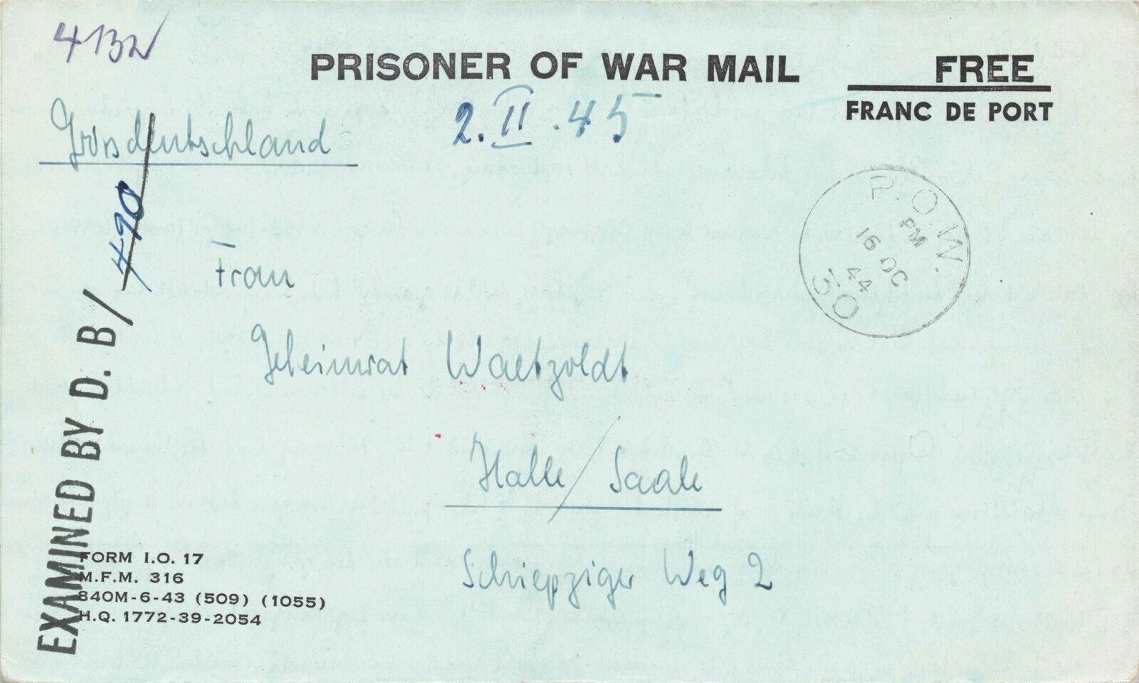 Canada 1944 WWII BOWMANVILLE POW Camp Prisoner of War Cover w/HOF ...