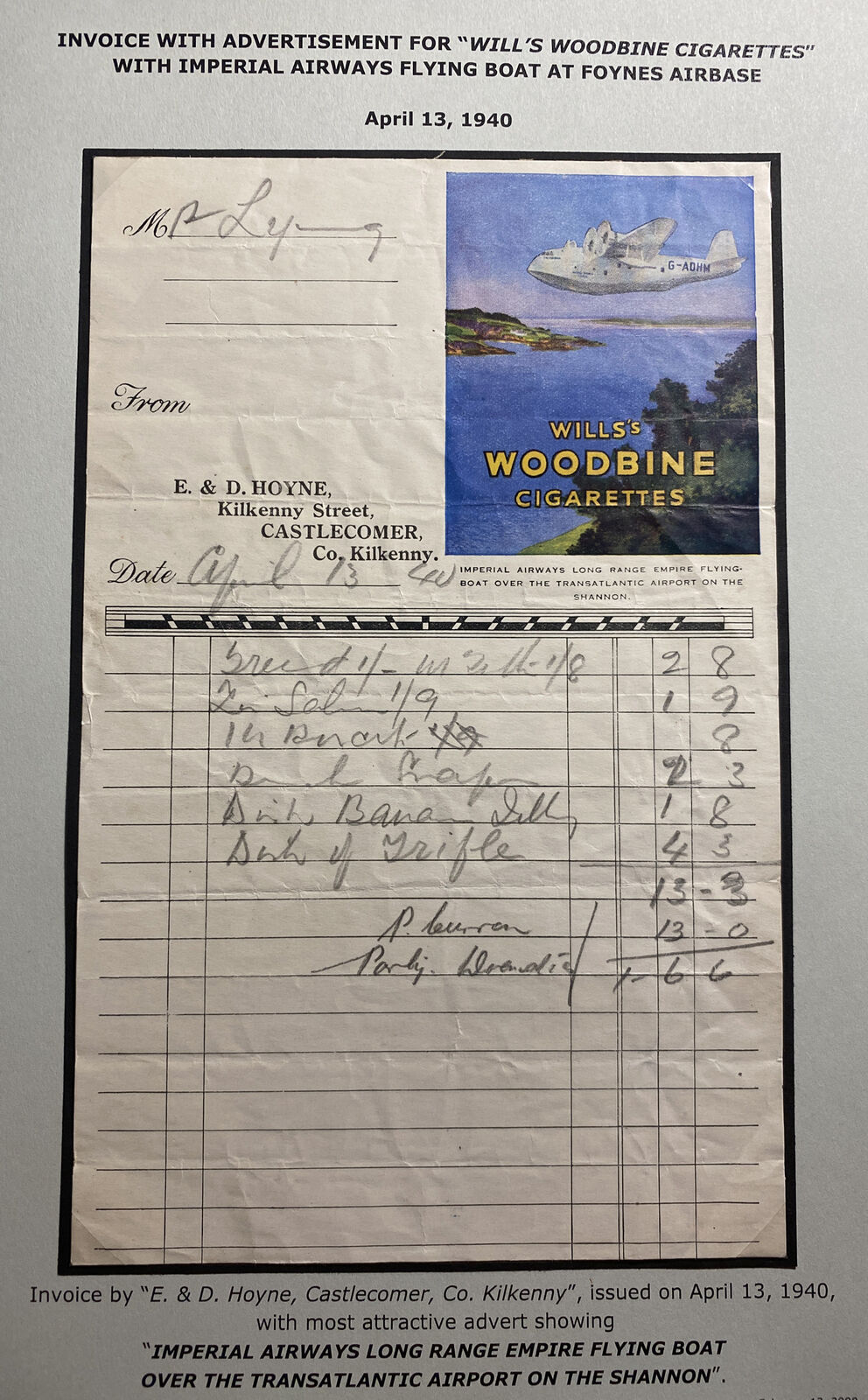 Invoice Advertising Wills Woodbine Cigarettes Imperial Airways Flying ...
