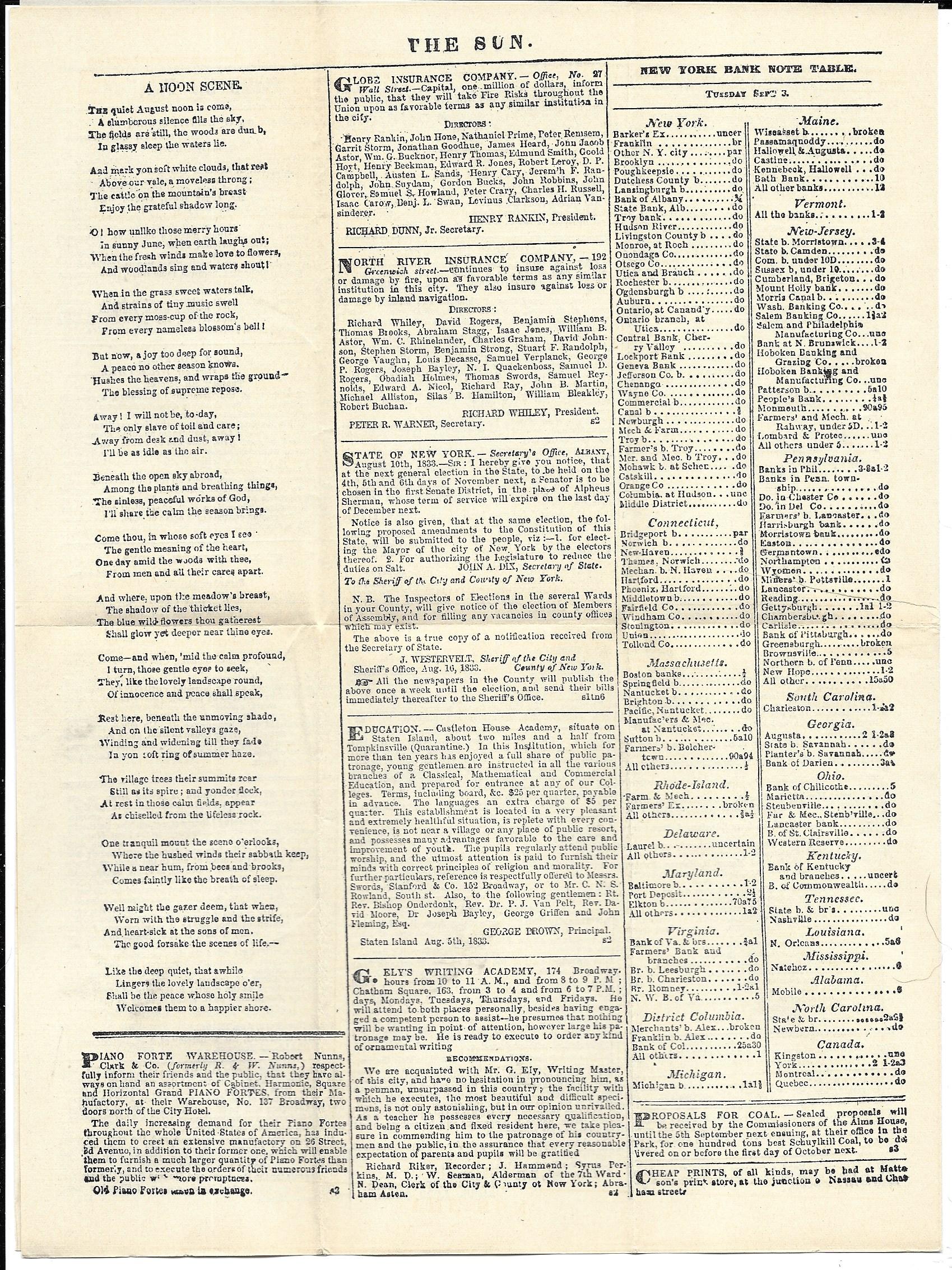 New York City 1933 The Sun Newspaper Centennial, Cachet, 1833 Reprint ...