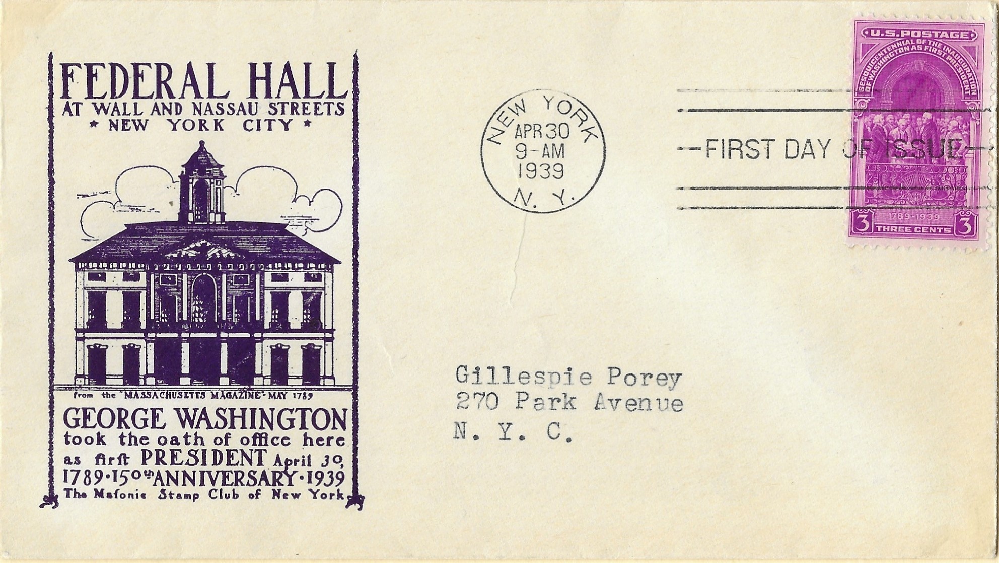 1939 FDC, #854, 3c Inauguration of Washington, Masonic Stamp Club of ...