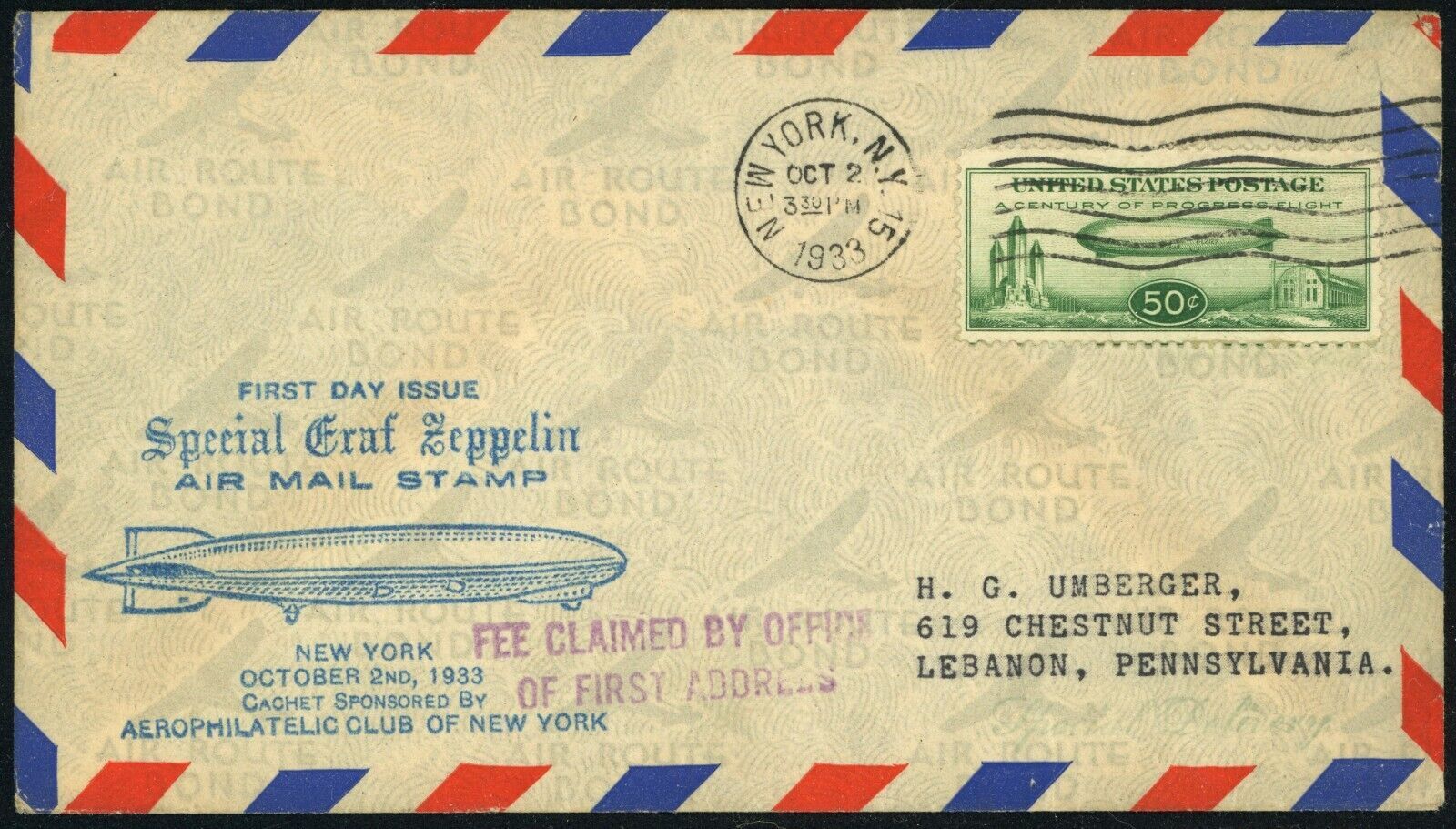 USA #C18 Graf Zeppelin FDC Airmail Postage Cover 1933 First Day Issue ...