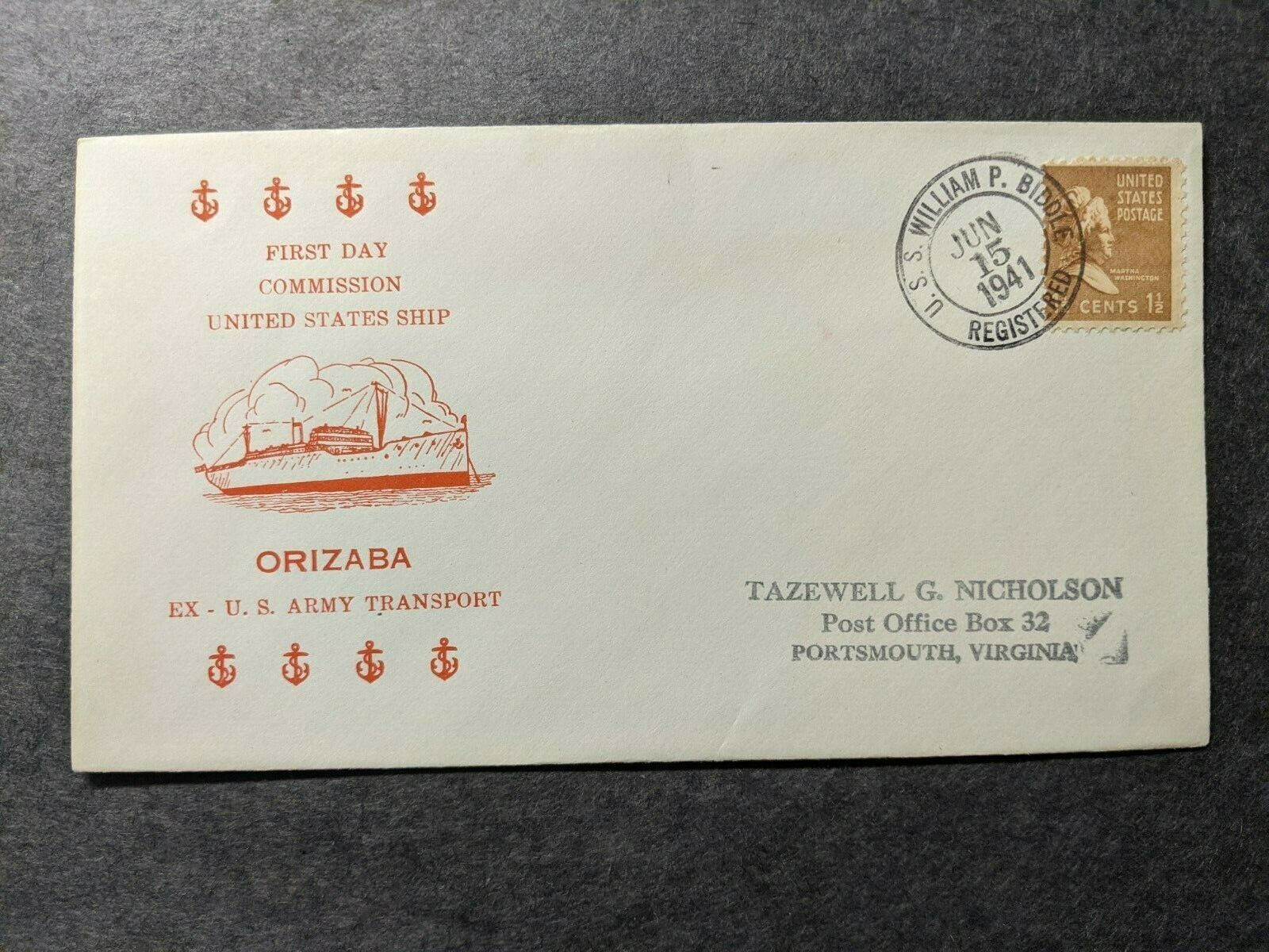 USS Orizaba Ap-24 Naval Cover 1941 Commissioned Cachet USS William P ...