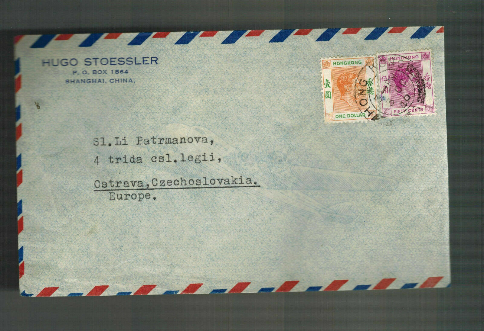 1939 Hong Kong Cover to Ostrava Czechoslovakia Hugo Stoessler Shanghai ...