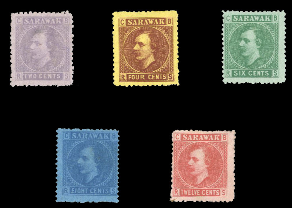 Sarawak #3-7 Cat$61.25, 1875 2c-12c, 12c hinged, balance unused without ...