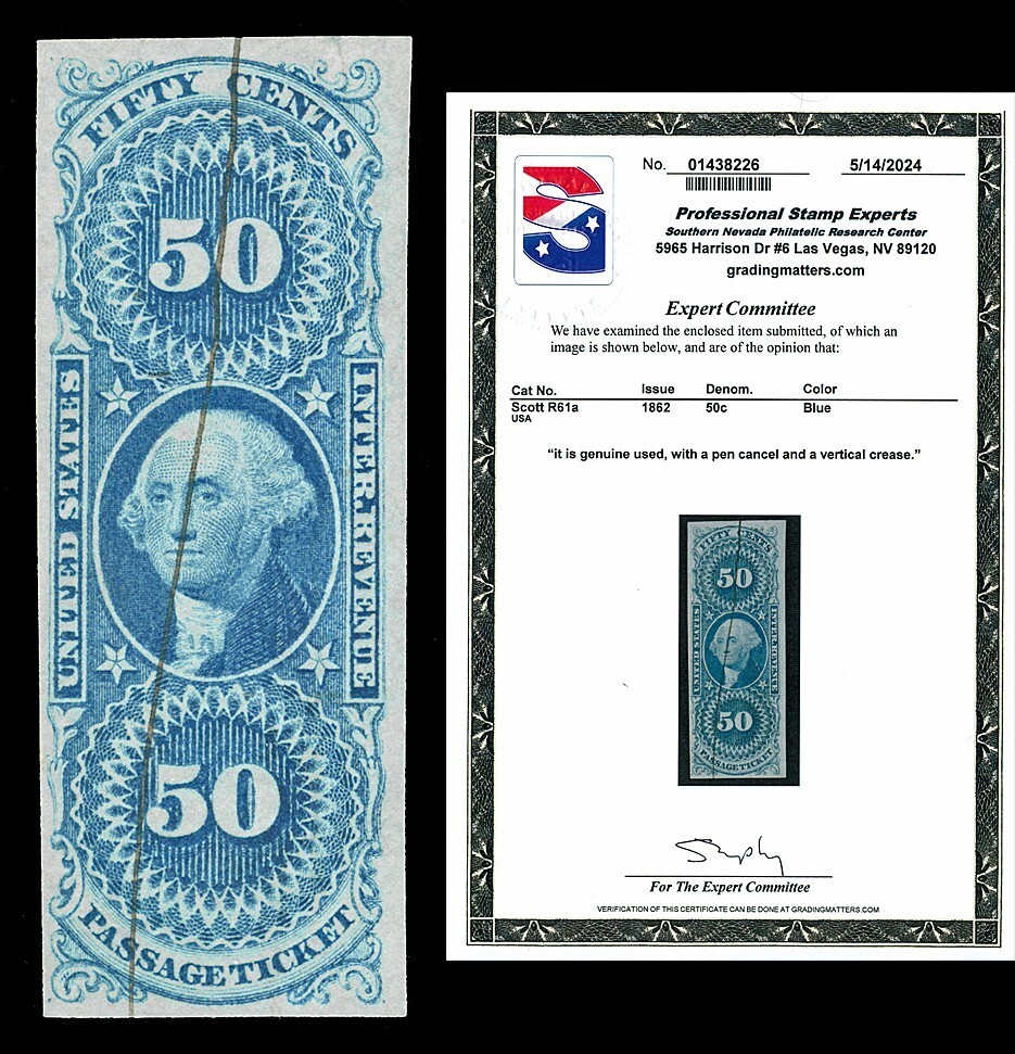 Scott R61a 1862 50c Imperf Passage Ticket Revenue Used VF Cat $140 with ...