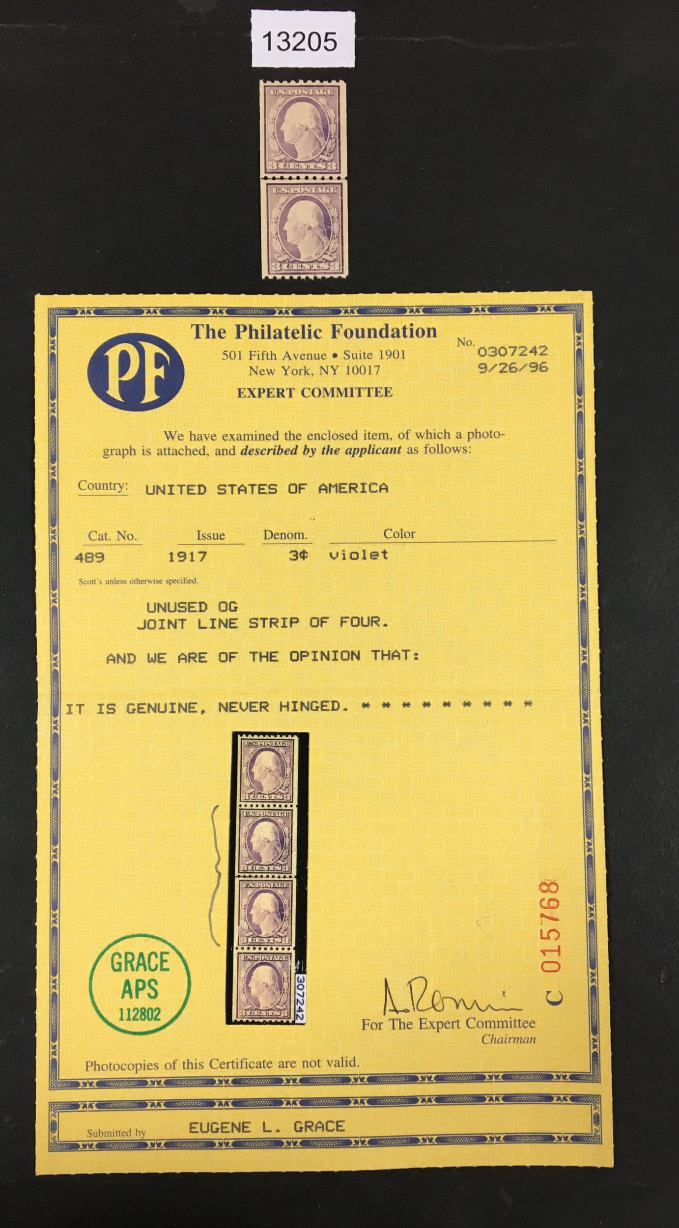 US Stamps # 489 Line Pair Mint OG NH VF/XF **Pf Cert** LOT #13205 ...