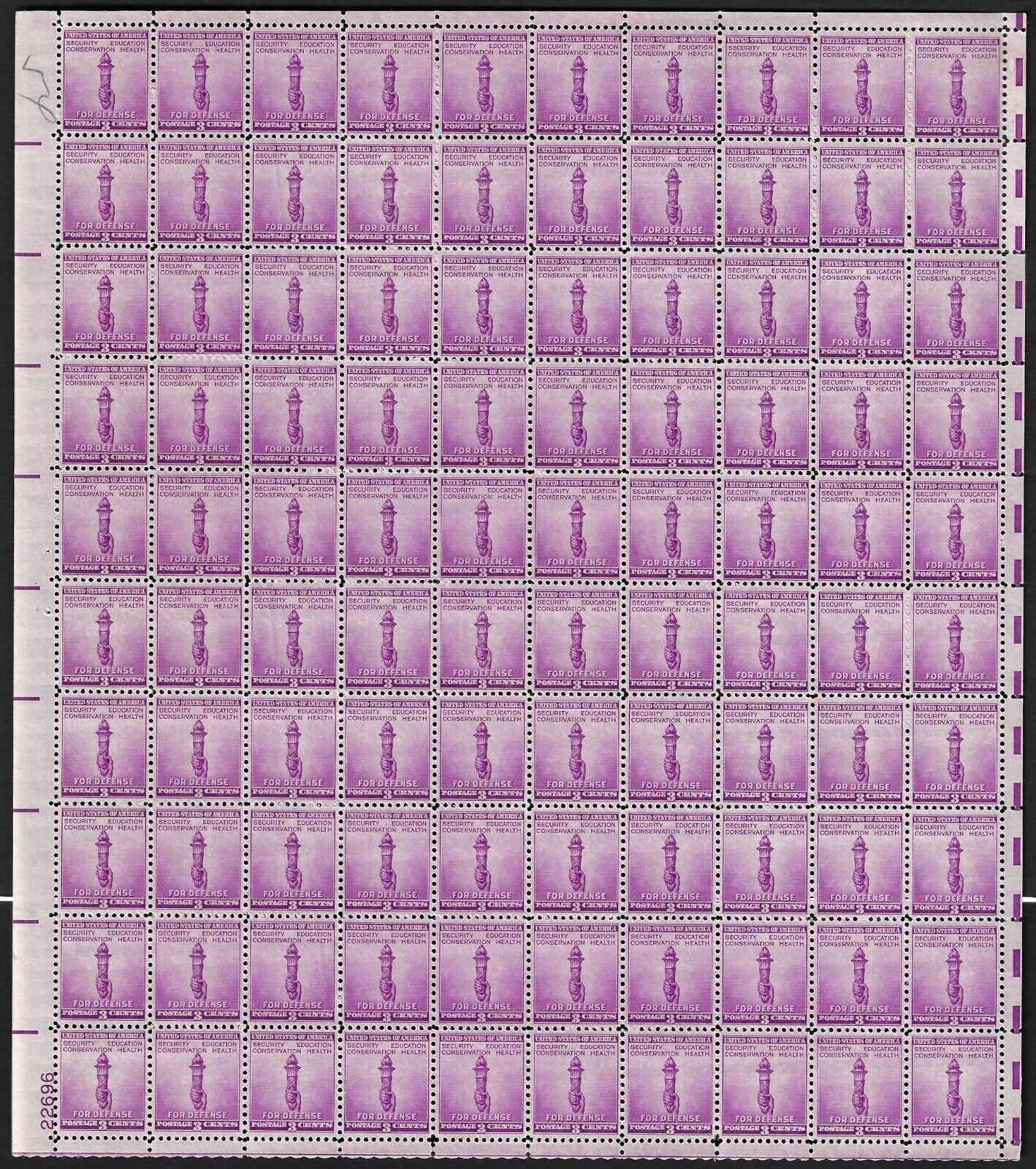 US 901 - Sheet of 100, MNH. Plate # 22696. "For Defense". Brookman CV ...