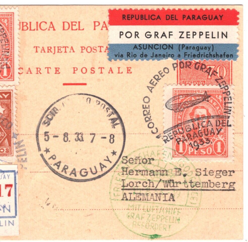 PARAGUAY *GRAF ZEPPELIN* 22.5p Airmail Registered 1933 Seiger Card ...