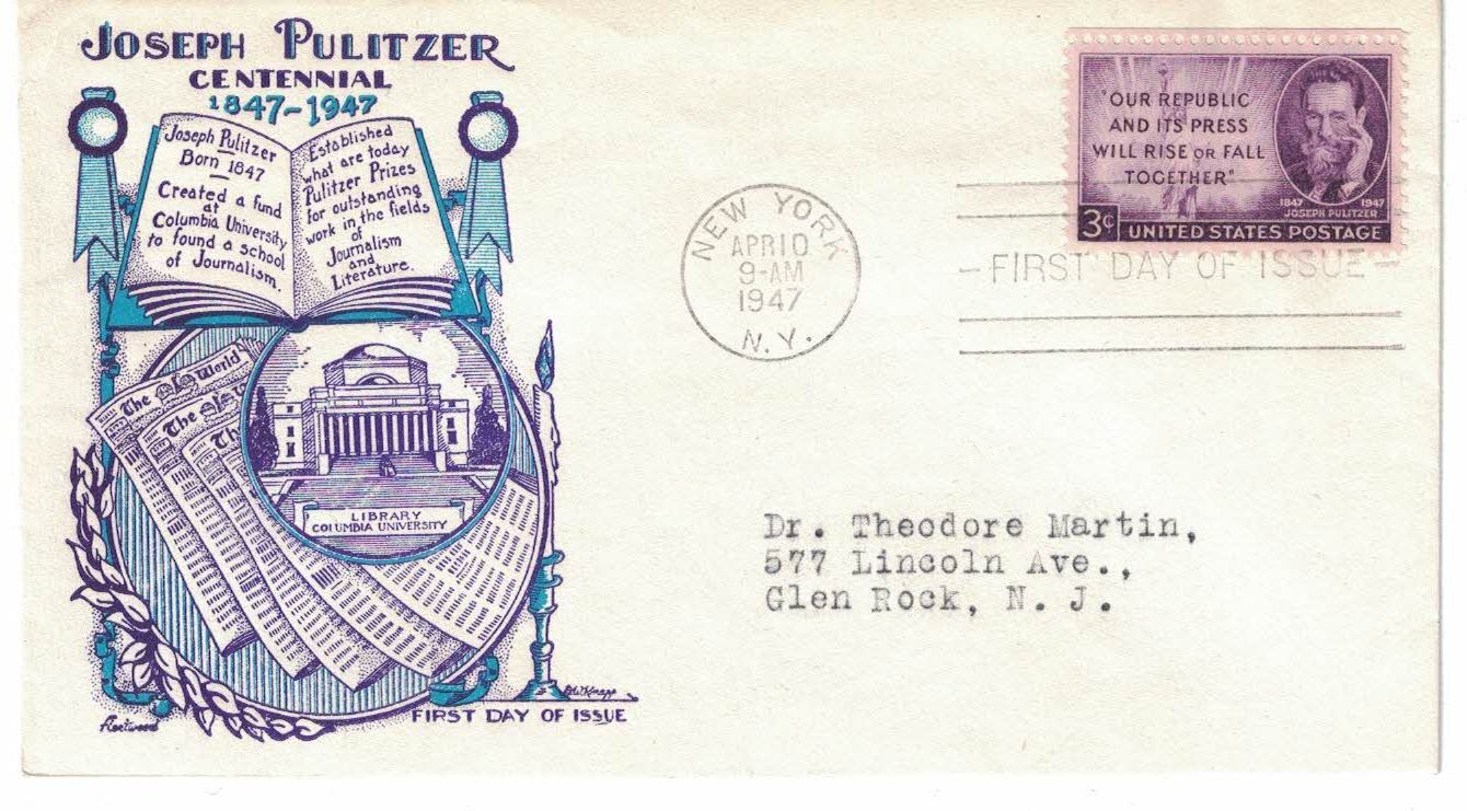 1947 FDC, #946, 3c Joseph Pulitzer, Fleetwood & NYPO | United States ...