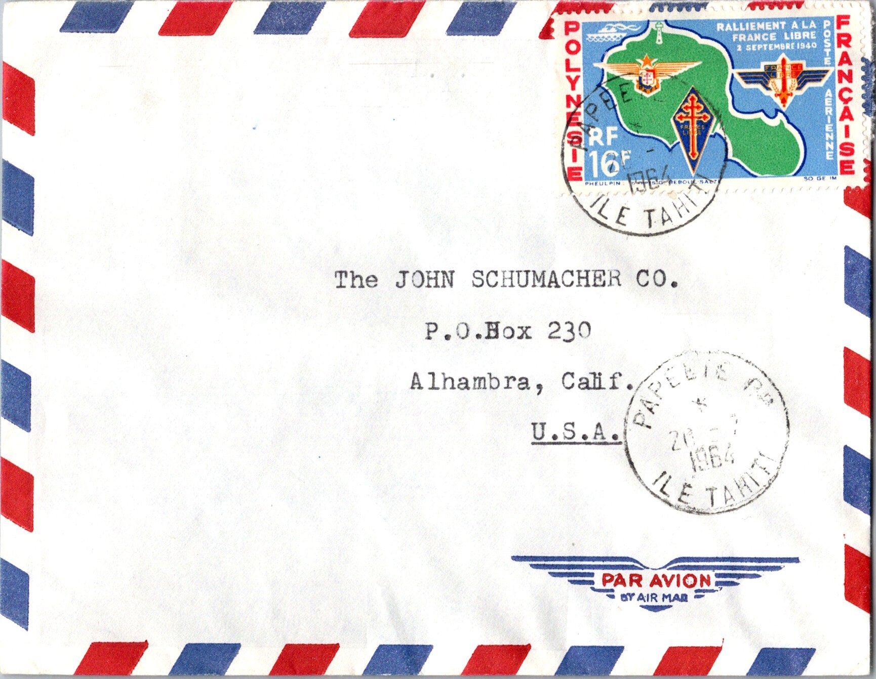 French Polynesia 16F Map of Tahiti and Free French Emblem 1964 Papeete ...