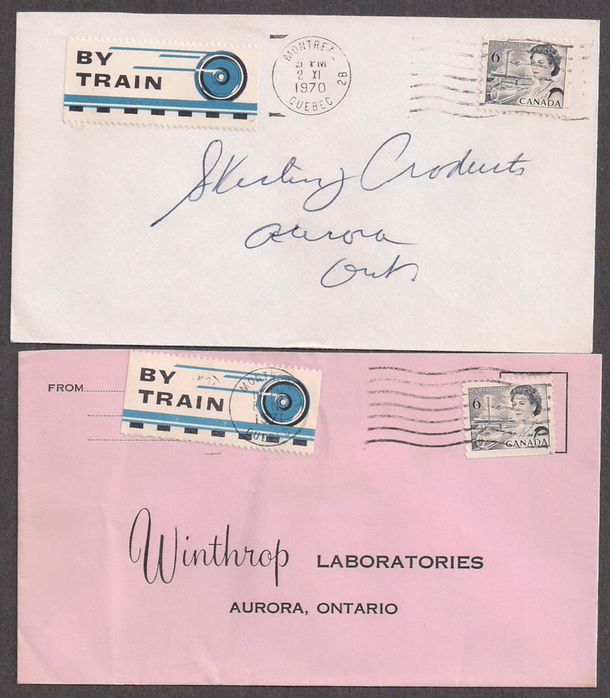 CANADA two RARE #460c covers w unusual routing label BY TRAIN ODD ...