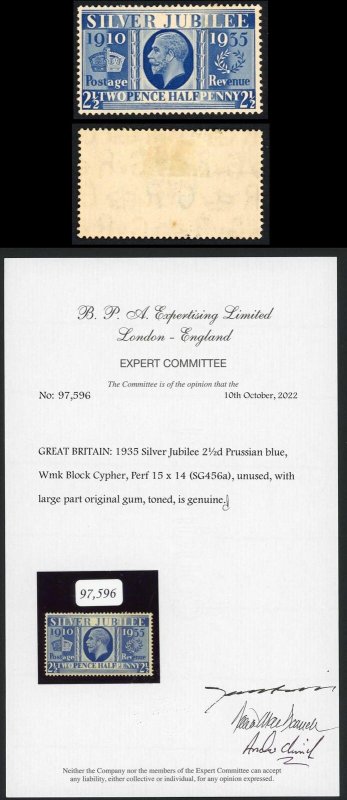 SG456a 1935 2 1/2d PRUSSIAN BLUE M/MINT (toned) BPA Cert | Great ...