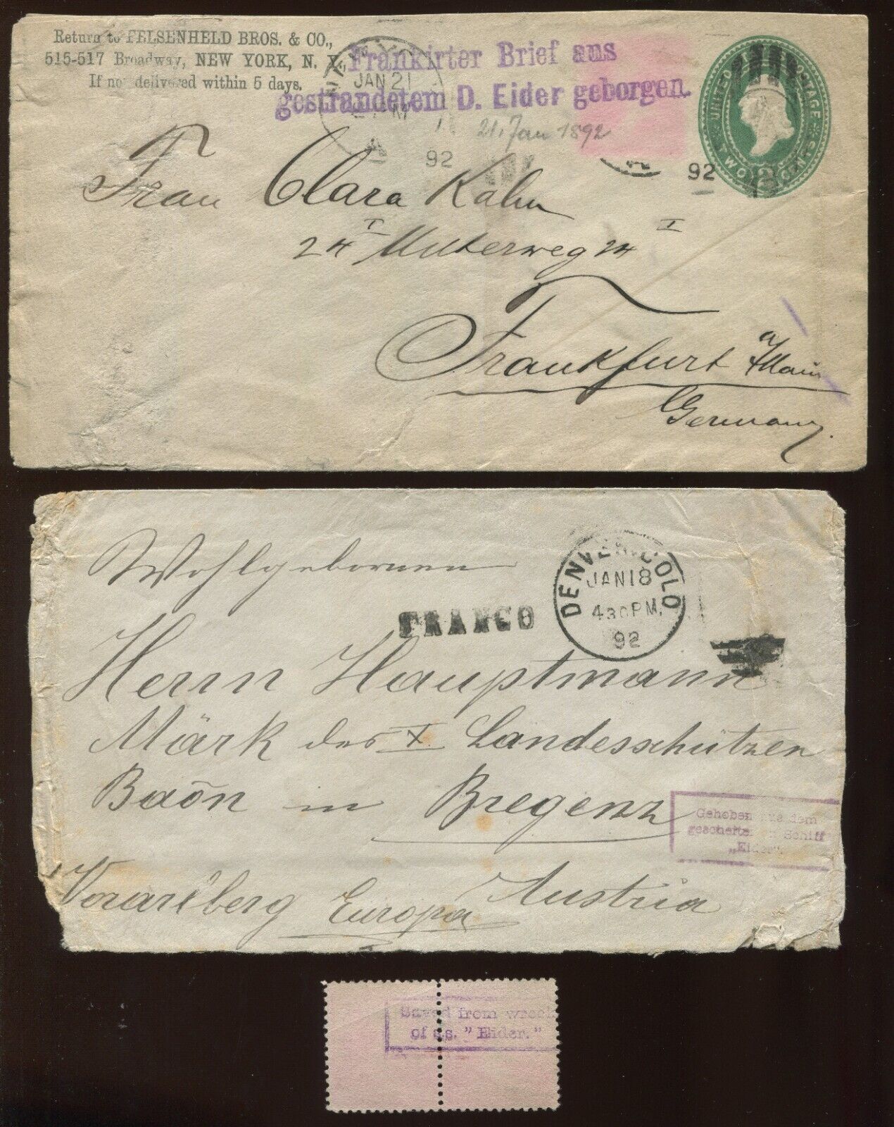 2 Covers Saved from 1892 Wreck of SS Eider with Both Markings & More ...