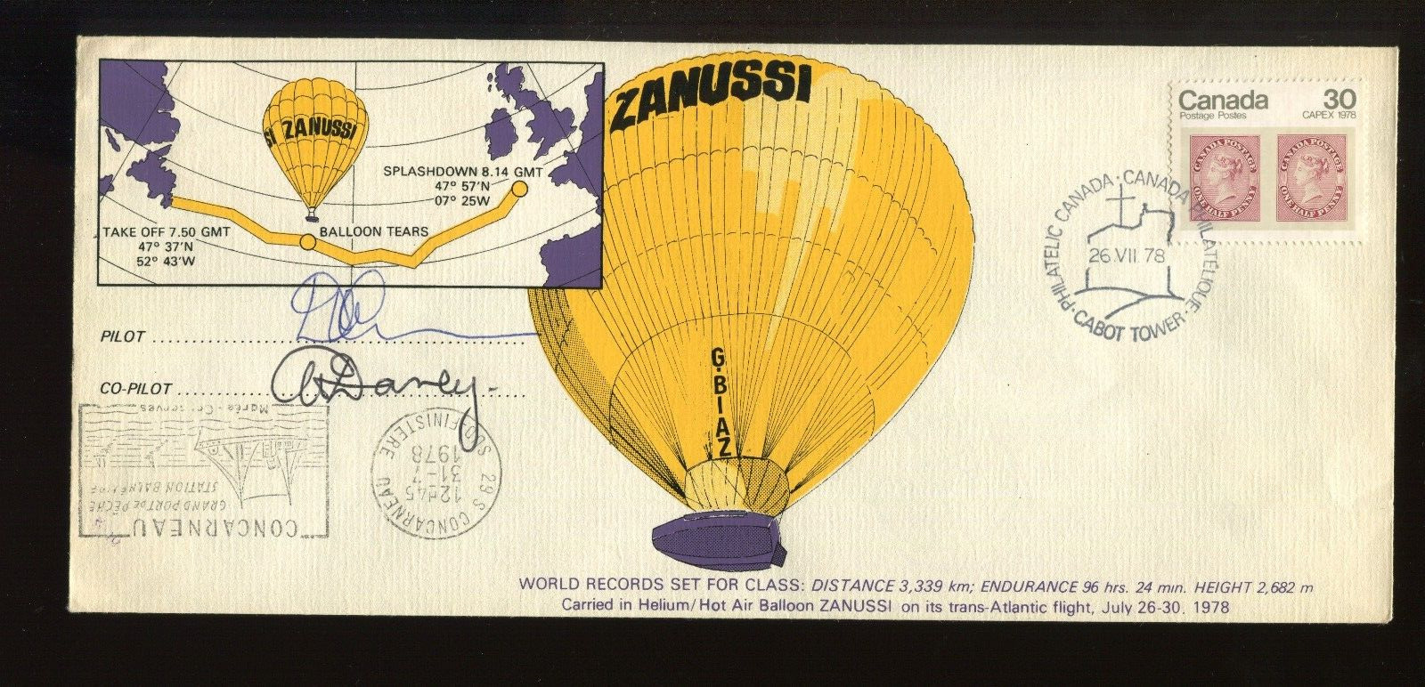 Pilot Signed 1978 HOT AIR Balloon Zanussi Trans-Atlantc Flight Cover ...