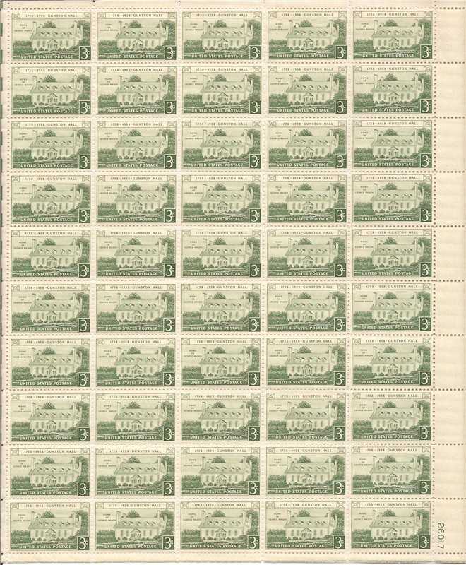 US Stamp - 1958 Gunston Hall - 50 Stamp Sheet - Scott #1108 | United ...