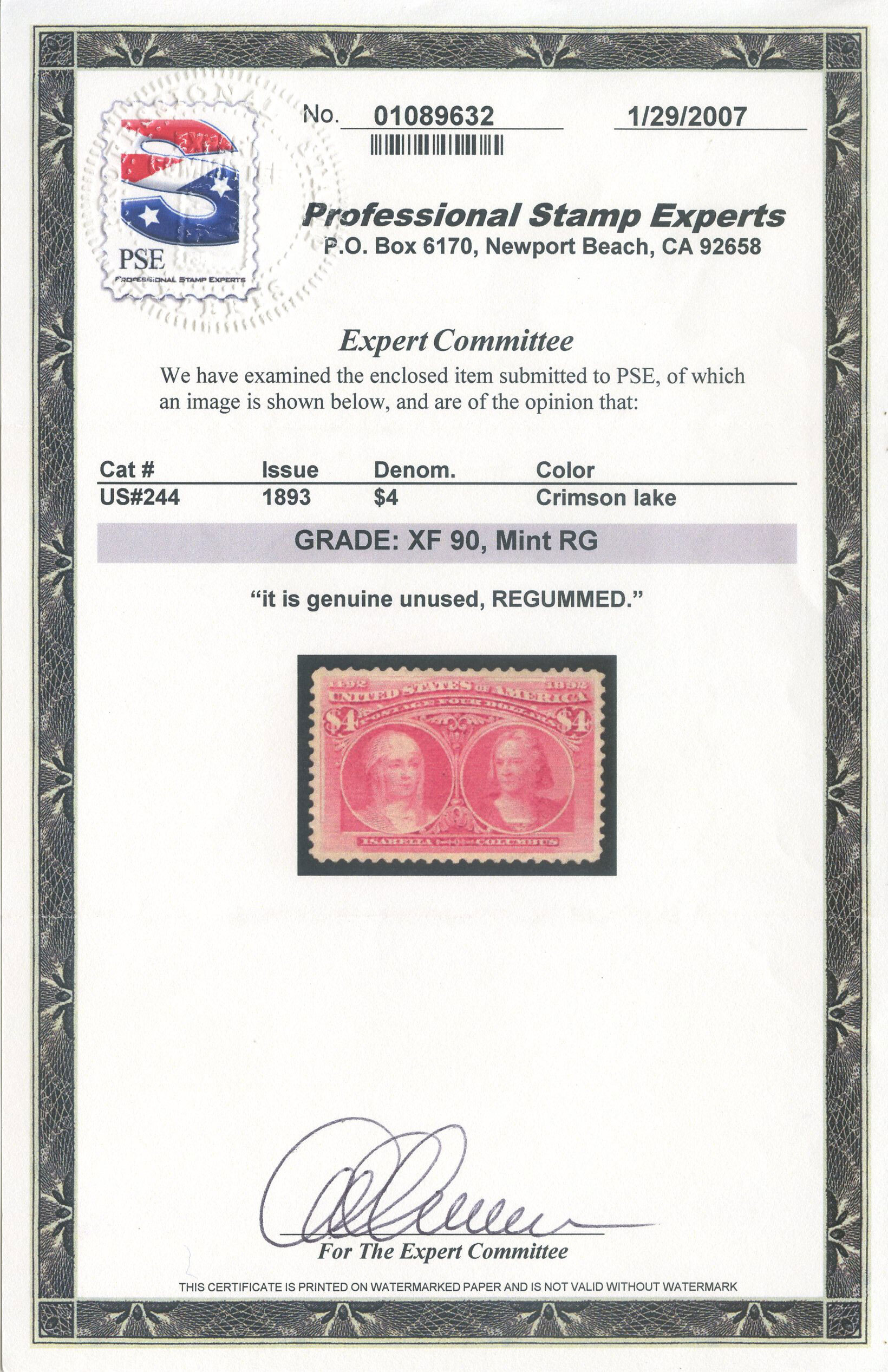 US Scott #244 Mint, XF, No Gum, PSE (Graded 90) | United States ...