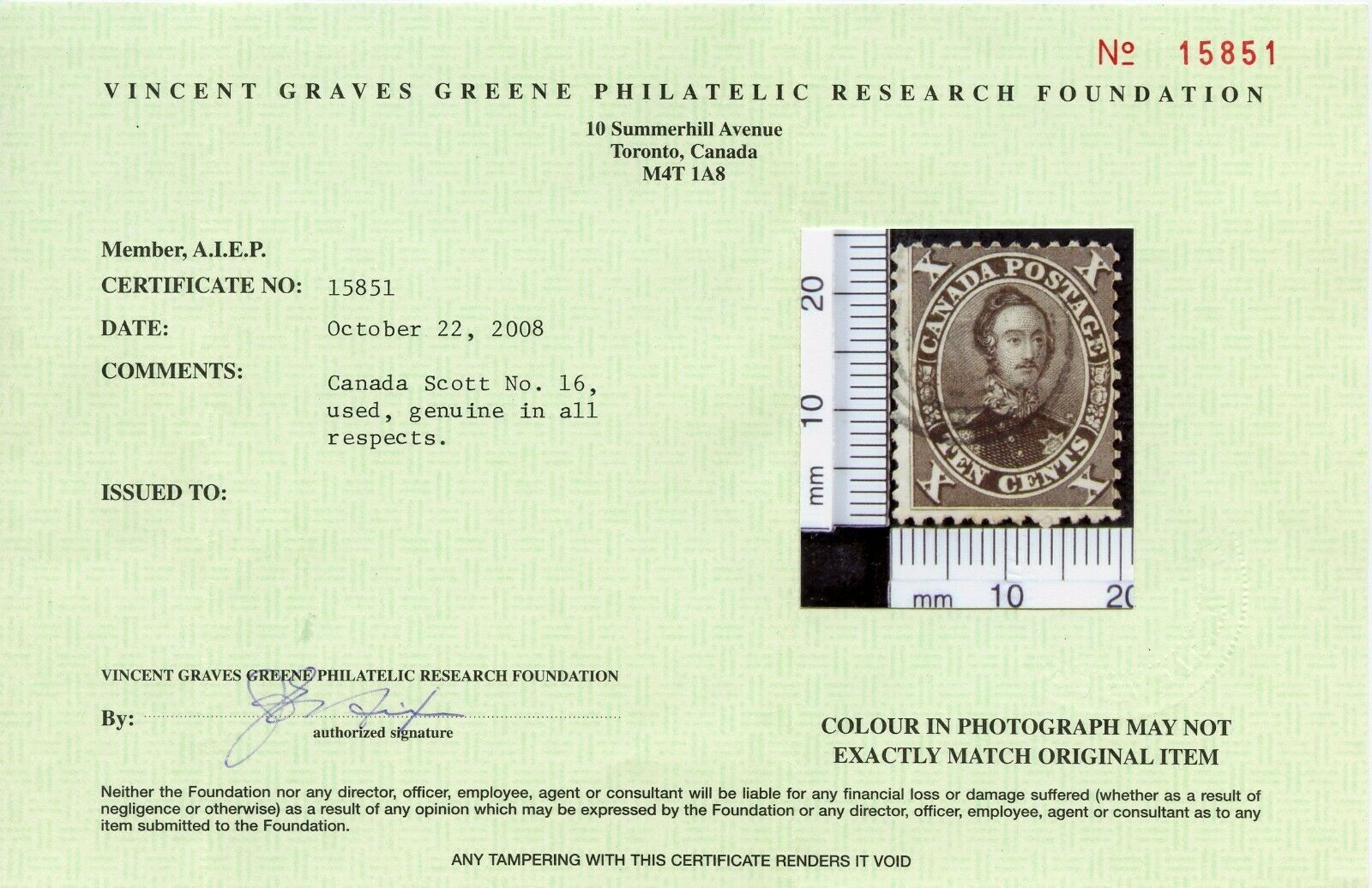 Canada #16, Used-Avg-Fine "Sound" Vincent Graves Cert SCV $6,500 (GARY ...