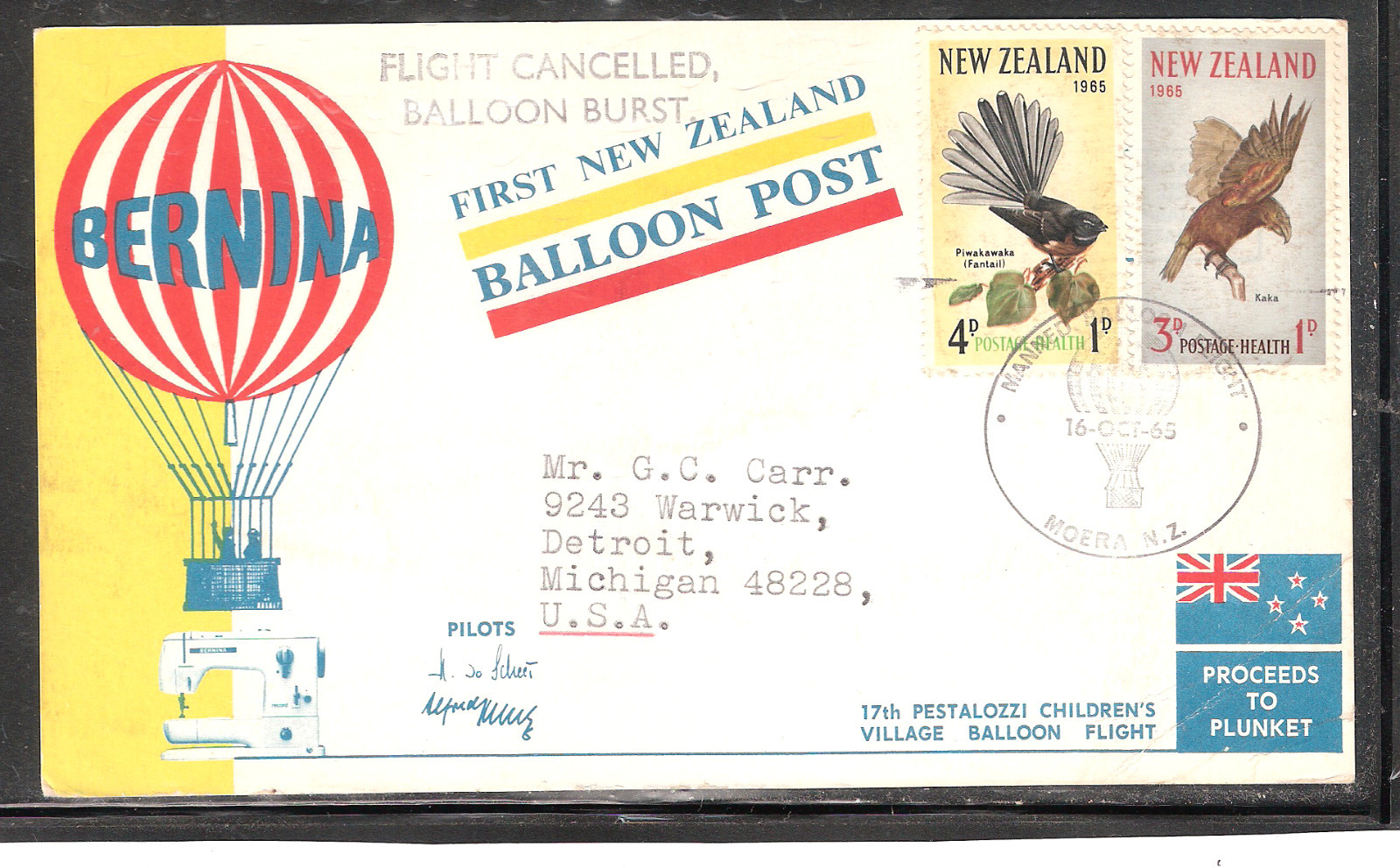 New Zealand 1965 Balloon Post Flight Cancelled Special Card Cancel 2 ...