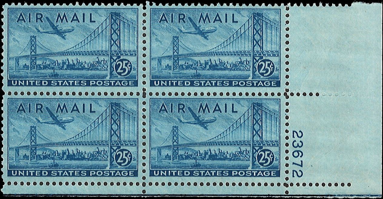 Scott # C36 1947 25c bl Plane Over Bridge Plate Block - Lower Right ...