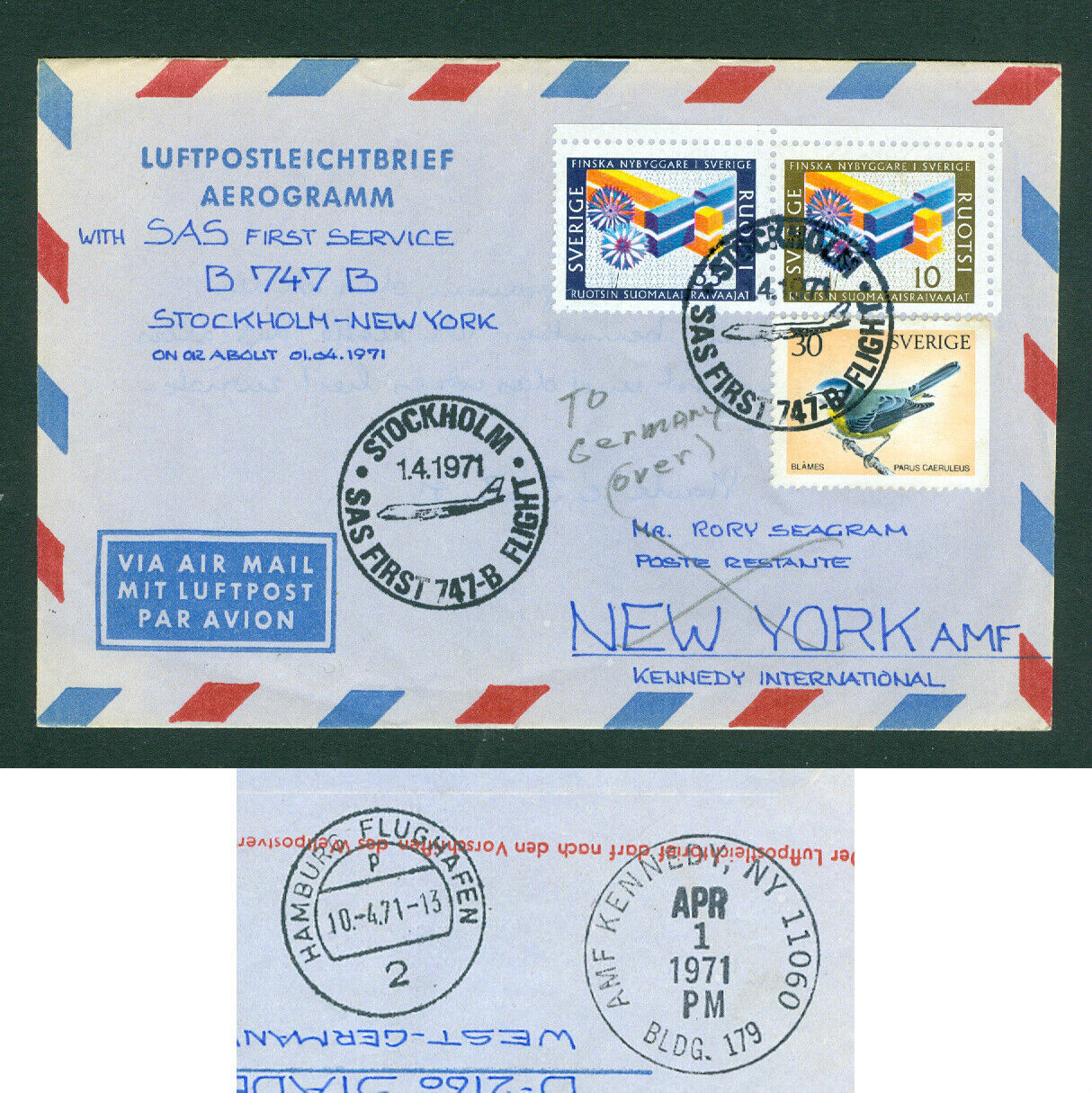 Sweden. F. Flight Aerogram.1971. SAS B 747 B. Stockholm-New York. Adr ...