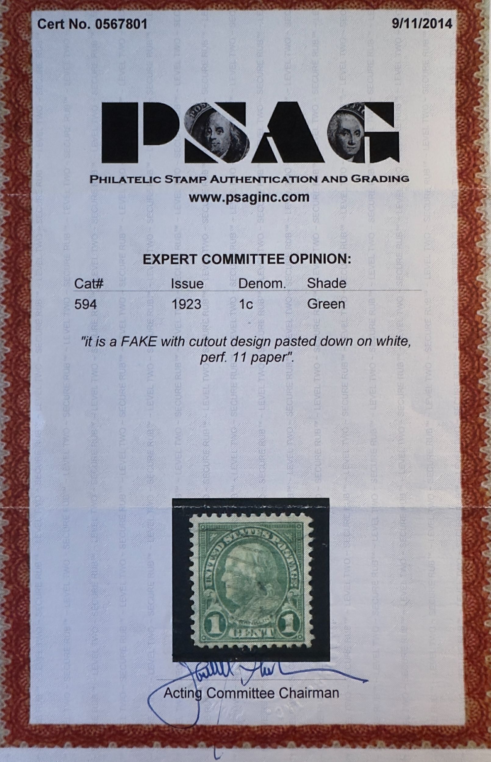 US Scott #594 1923 1c Green with PSAG certificate [Read Description ...