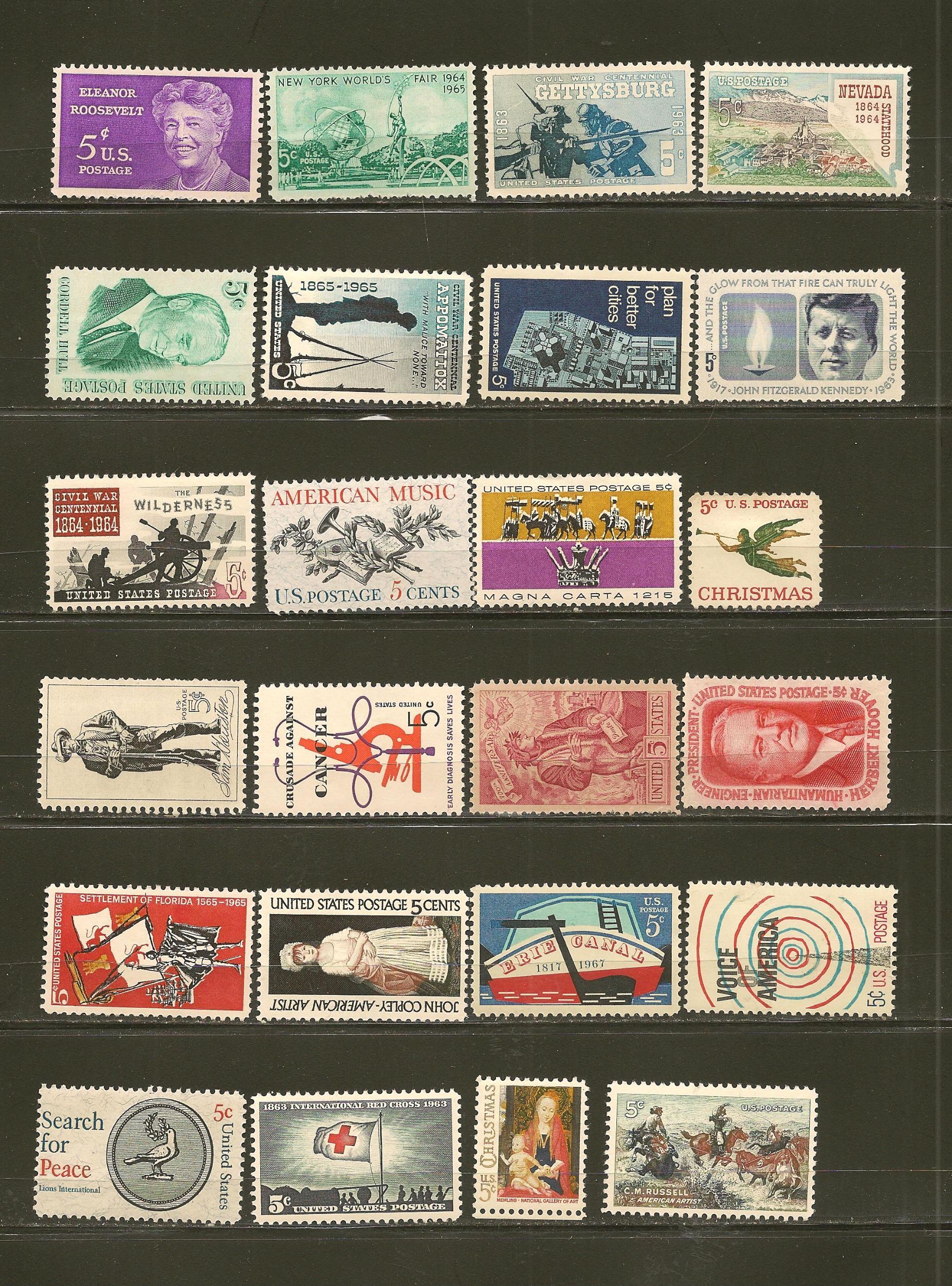 USA Collection of 24 Different 1960's 5Cent Mint Hinged Stamps Face $1. ...