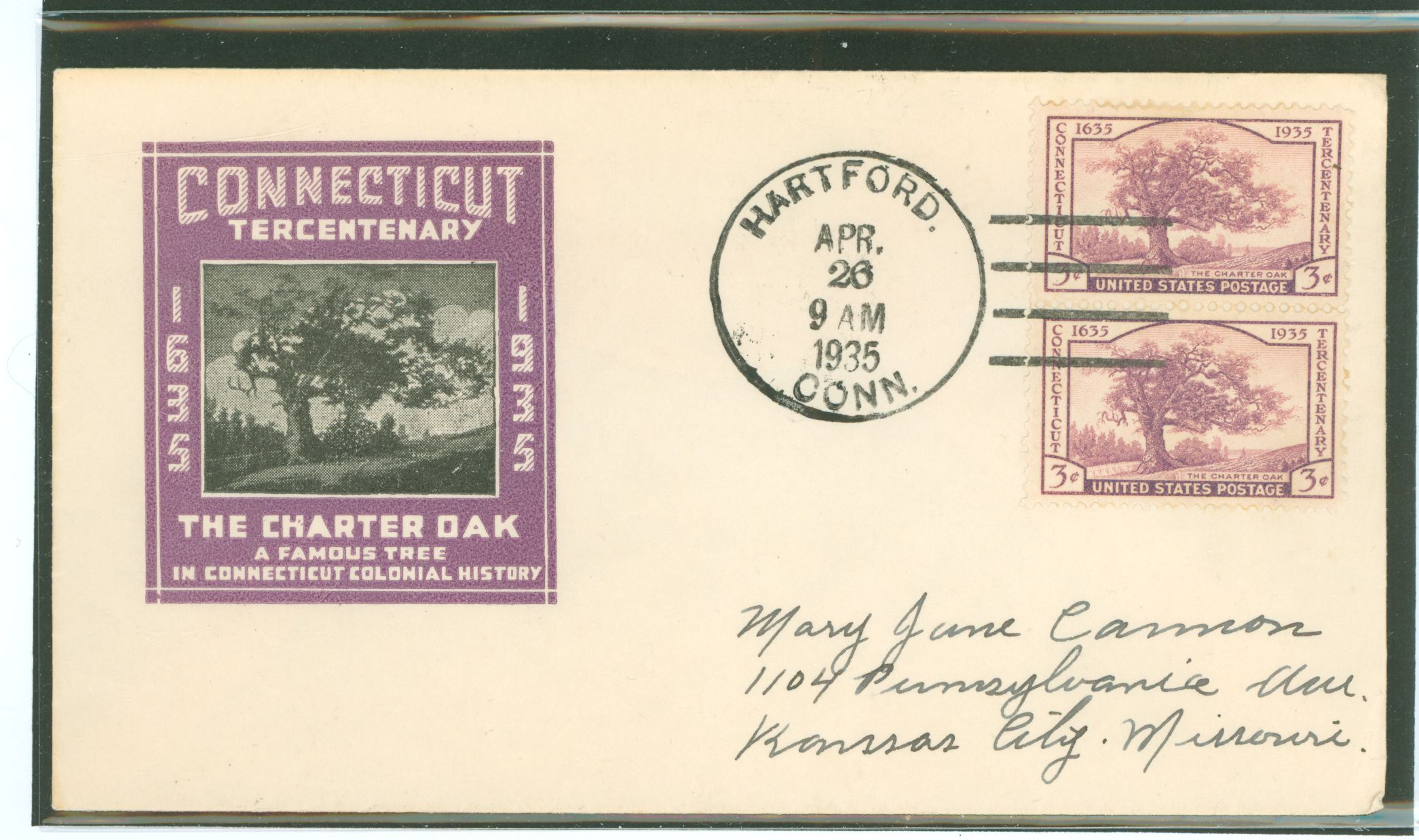US 772 1935 3c Connecticut Tercentenary (the Charter Oak) pair on an ...