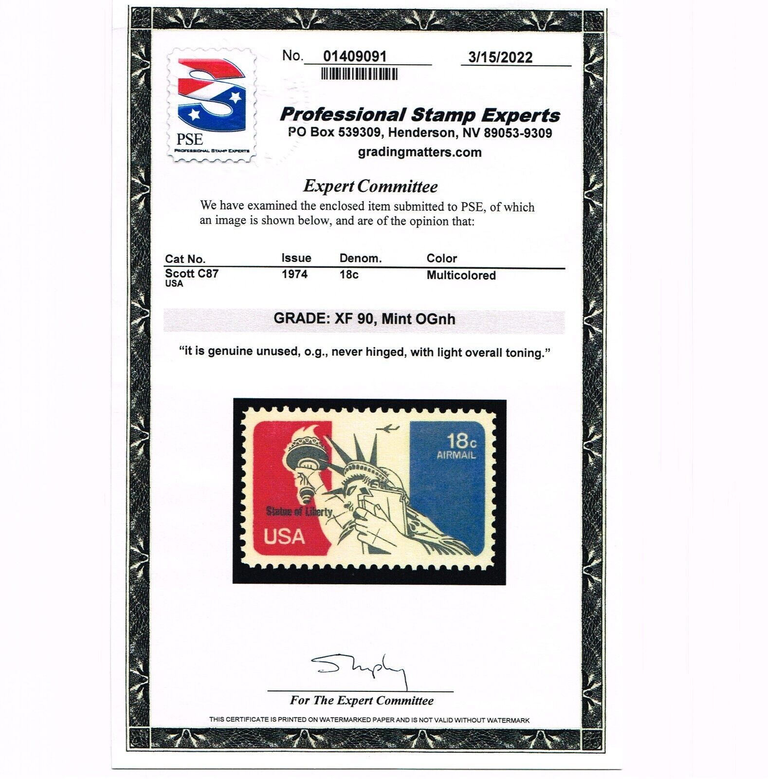 Exceptional Genuine Scott #C87 Mint Pristine OG NH PSE Cert Graded Xf ...