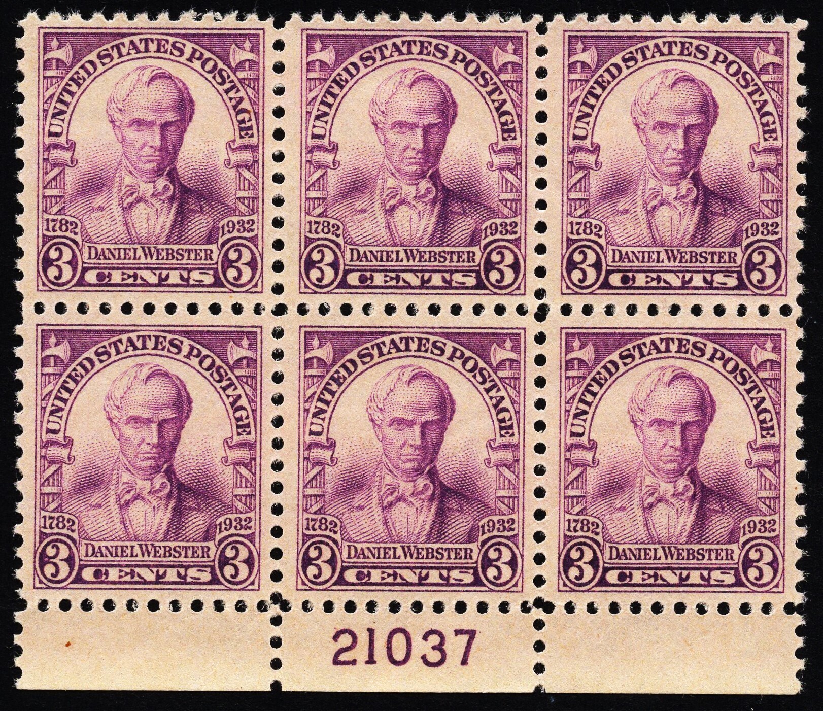 US 725 MNH VF/XF 3 Cent Daniel Webster Plate Block #21037 of 6 | United ...